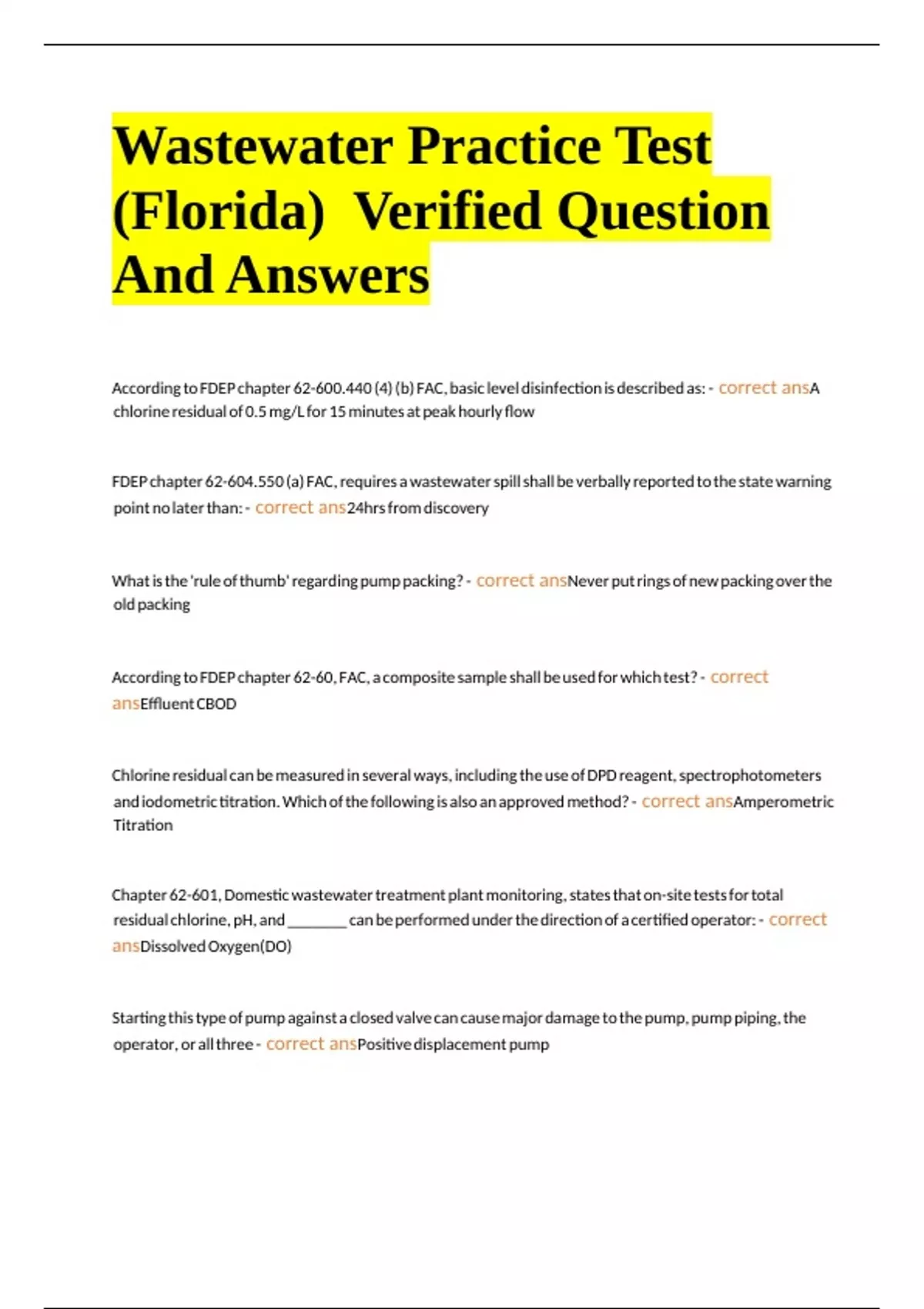 Wastewater Practice Test (Florida) Verified Question And Answers ...