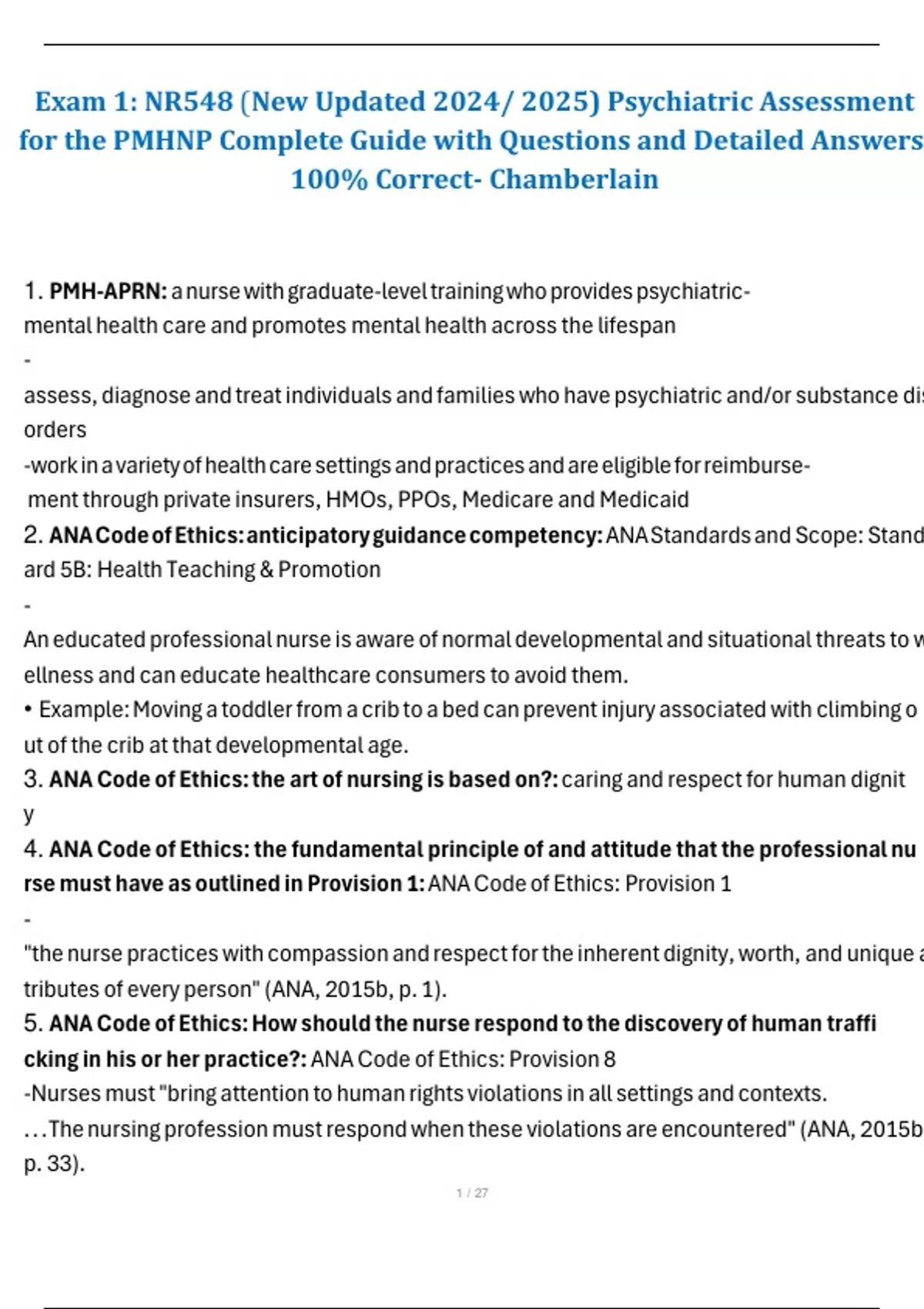 Exam 1: NR548 (New Updated 2024/ 2025) Psychiatric Assessment for the ...