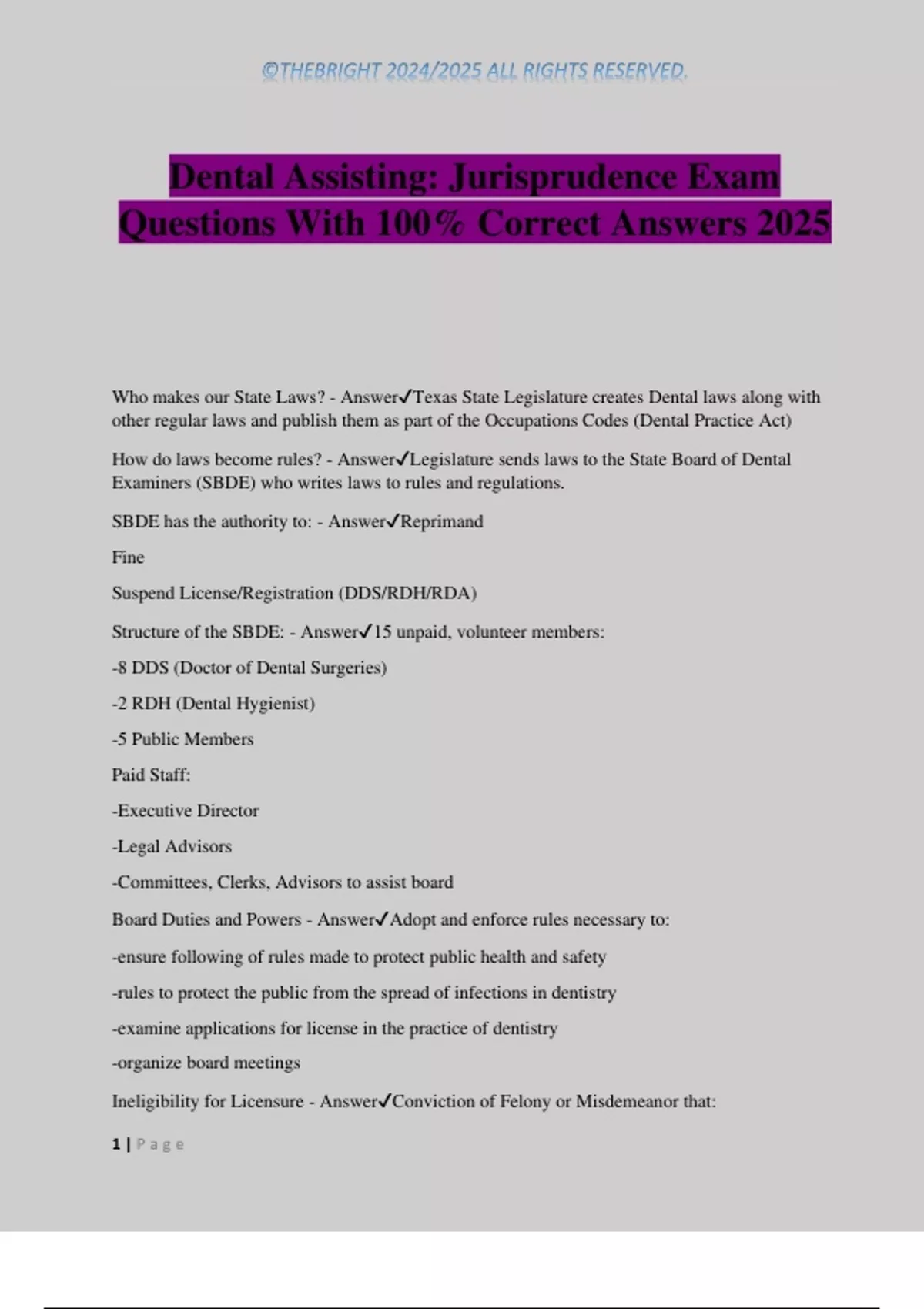 Dental Assisting: Jurisprudence Exam Questions With 100% Correct ...