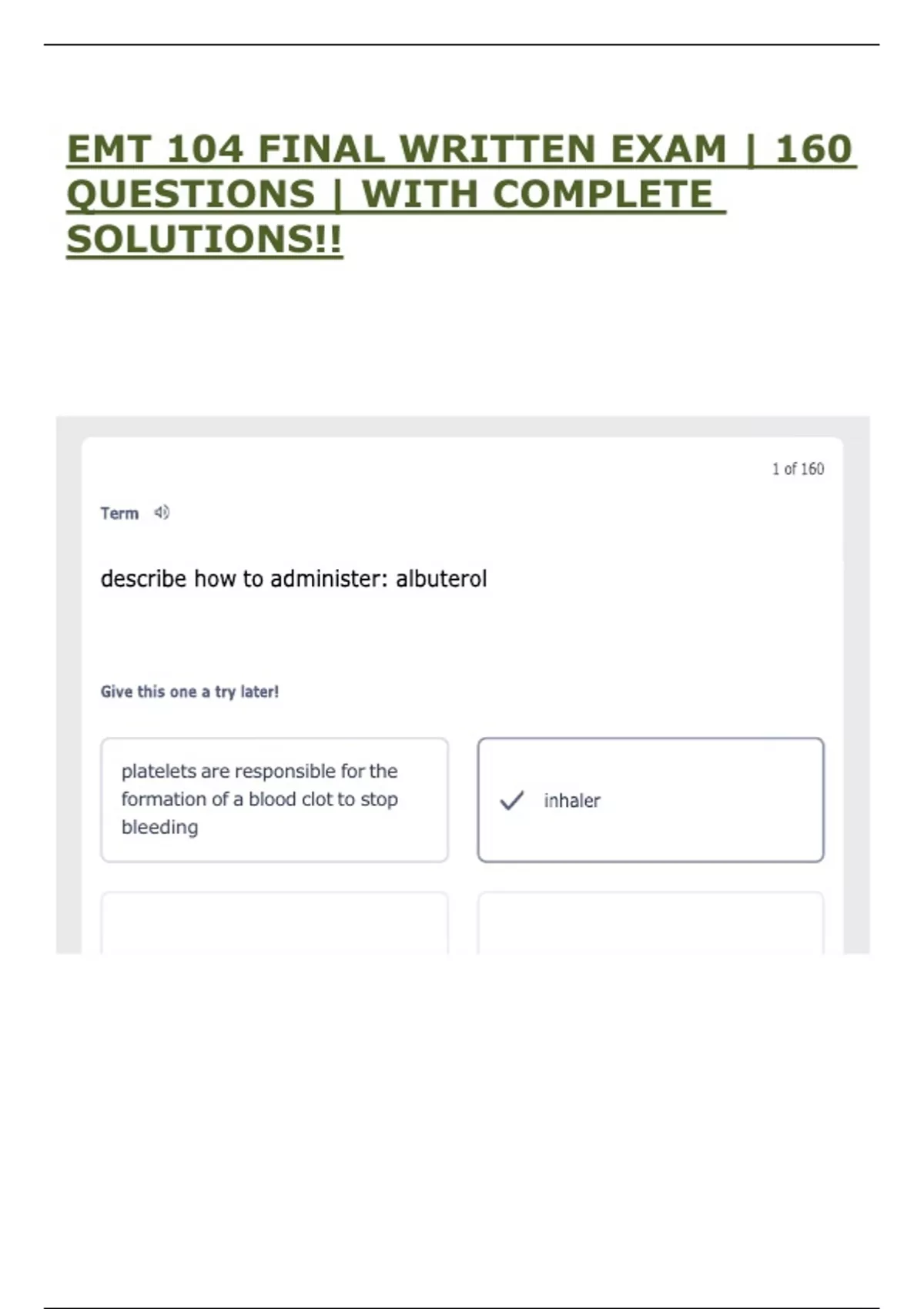 EMT 104 FINAL WRITTEN EXAM | 160 QUESTIONS | WITH COMPLETE SOLUTIONS ...