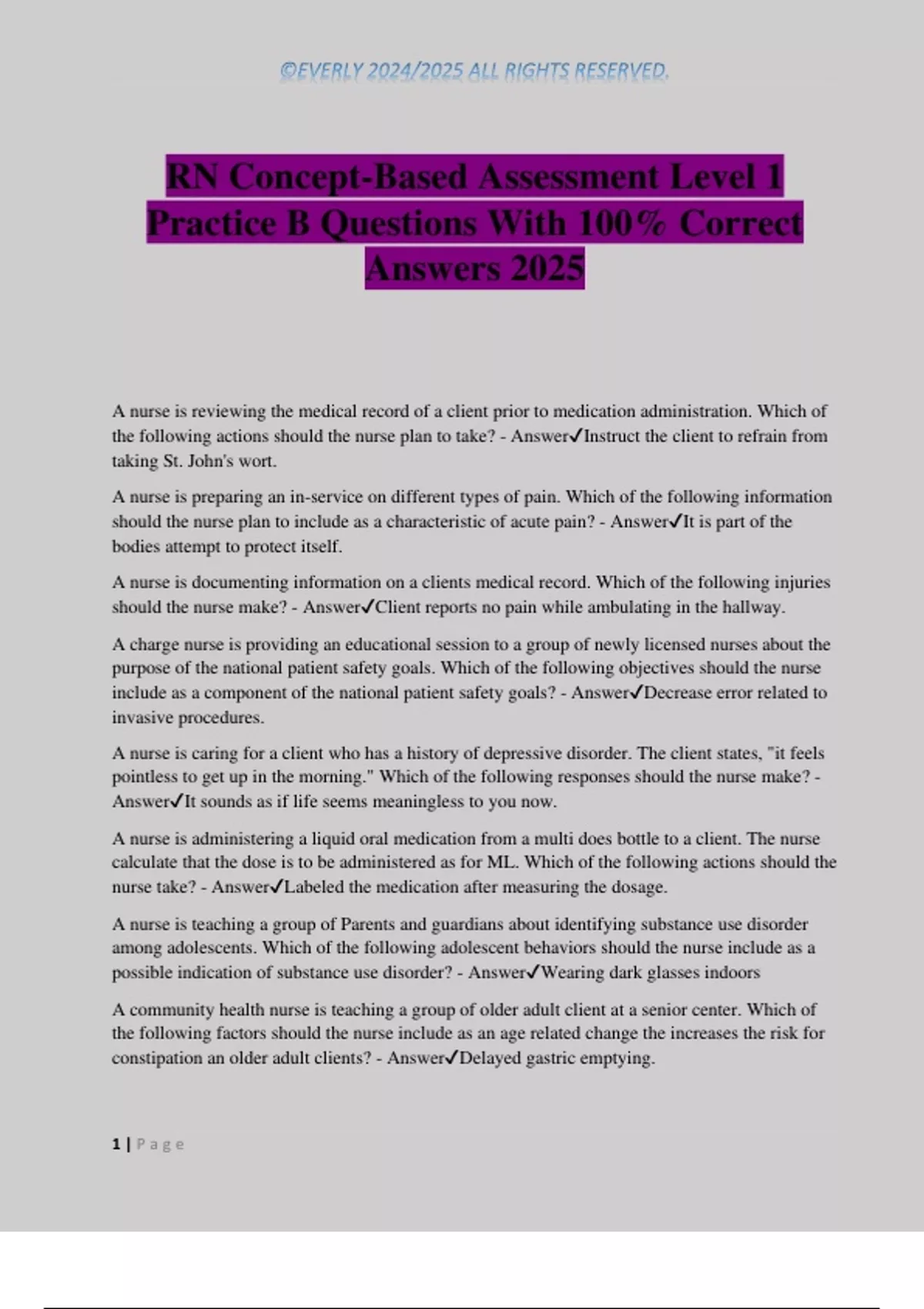 RN Concept-Based Assessment Level 1 Practice B Questions With 100% Correct Answers 2025 - RN ...
