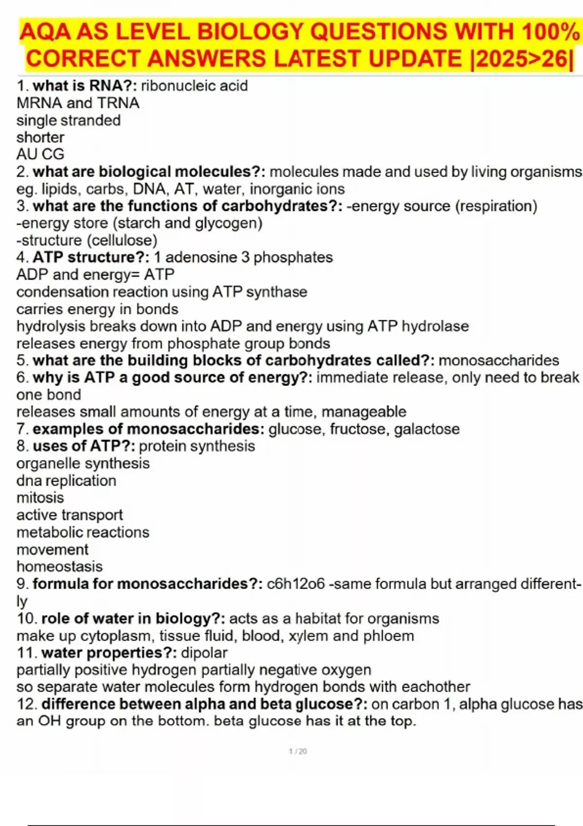 AQA AS LEVEL BIOLOGY QUESTIONS WITH 100% CORRECT ANSWERS LATEST UPDATE ...