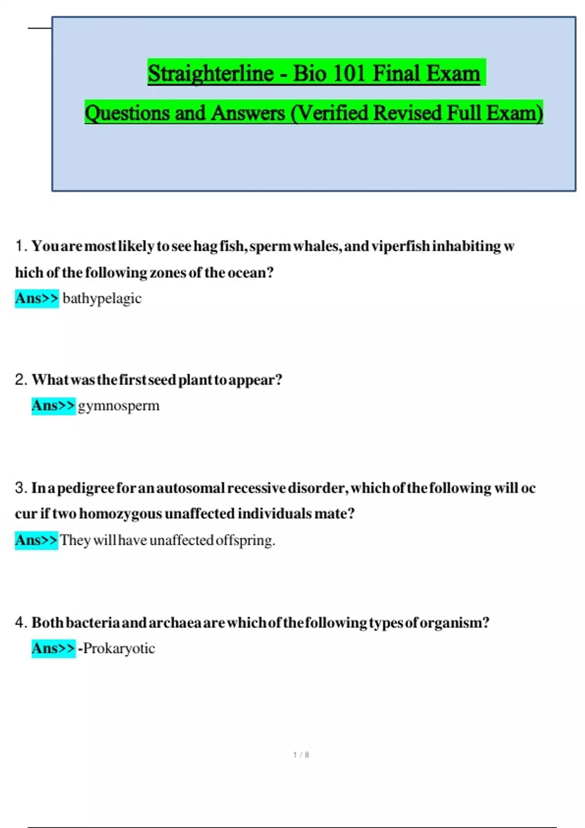 Straighterline Bio 101 Final Exam Questions and Answers (Verified ...
