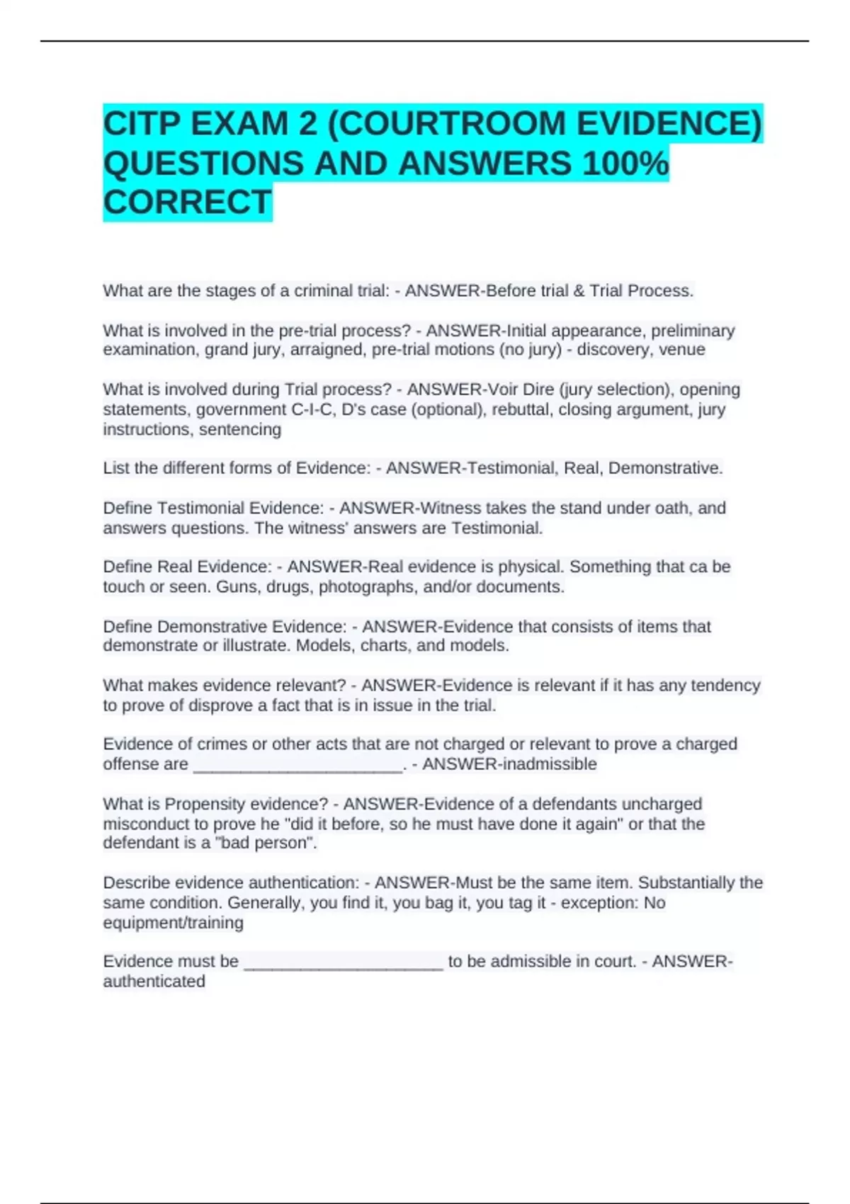 CITP EXAM 2 (COURTROOM EVIDENCE) QUESTIONS AND ANSWERS 100% CORRECT ...