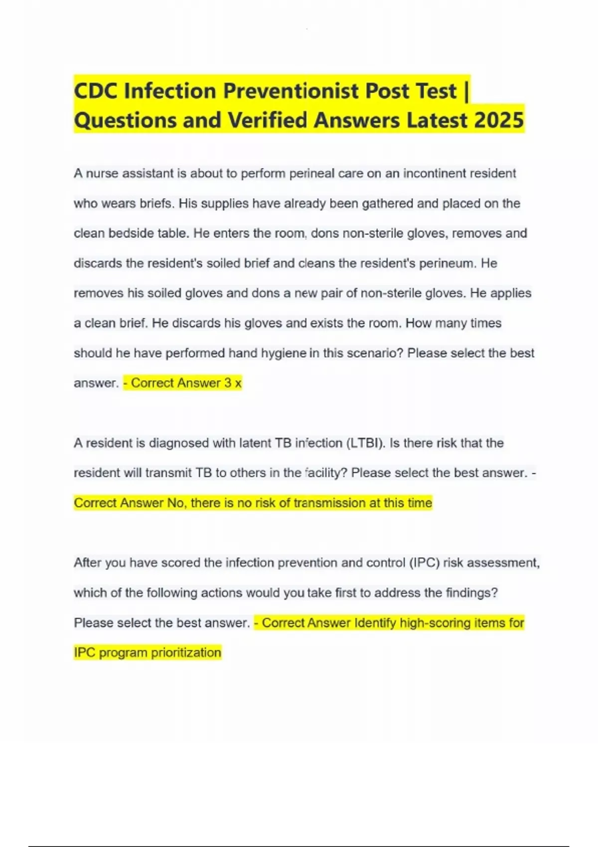 CDC Infection Preventionist Post Test | Questions and Verified Answers ...