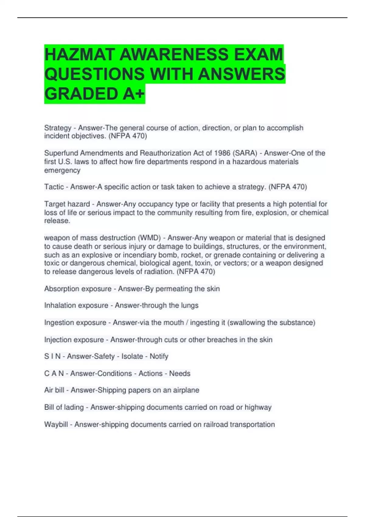 HAZMAT AWARENESS EXAM QUESTIONS WITH ANSWERS GRADED A+ - HAZMAT ...
