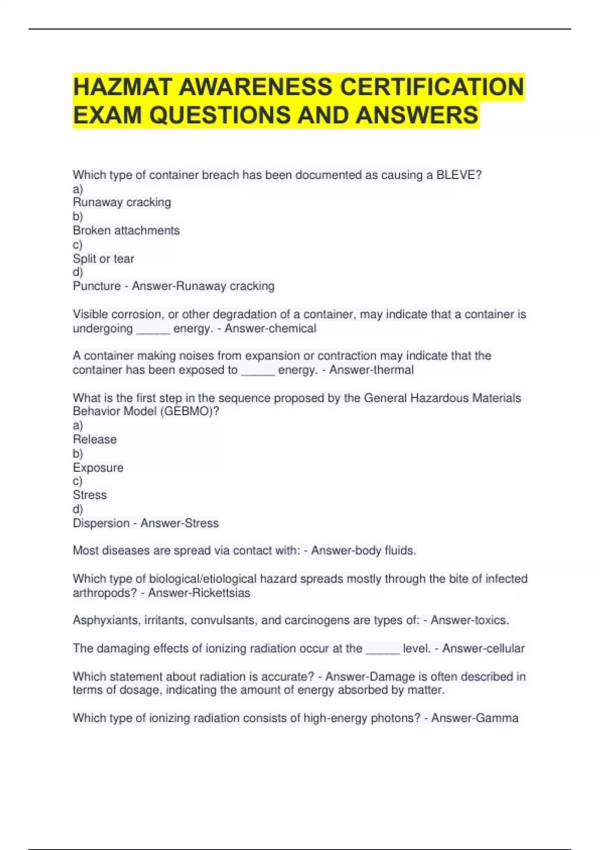 HAZMAT AWARENESS CERTIFICATION EXAM QUESTIONS AND ANSWERS - HAZMAT ...