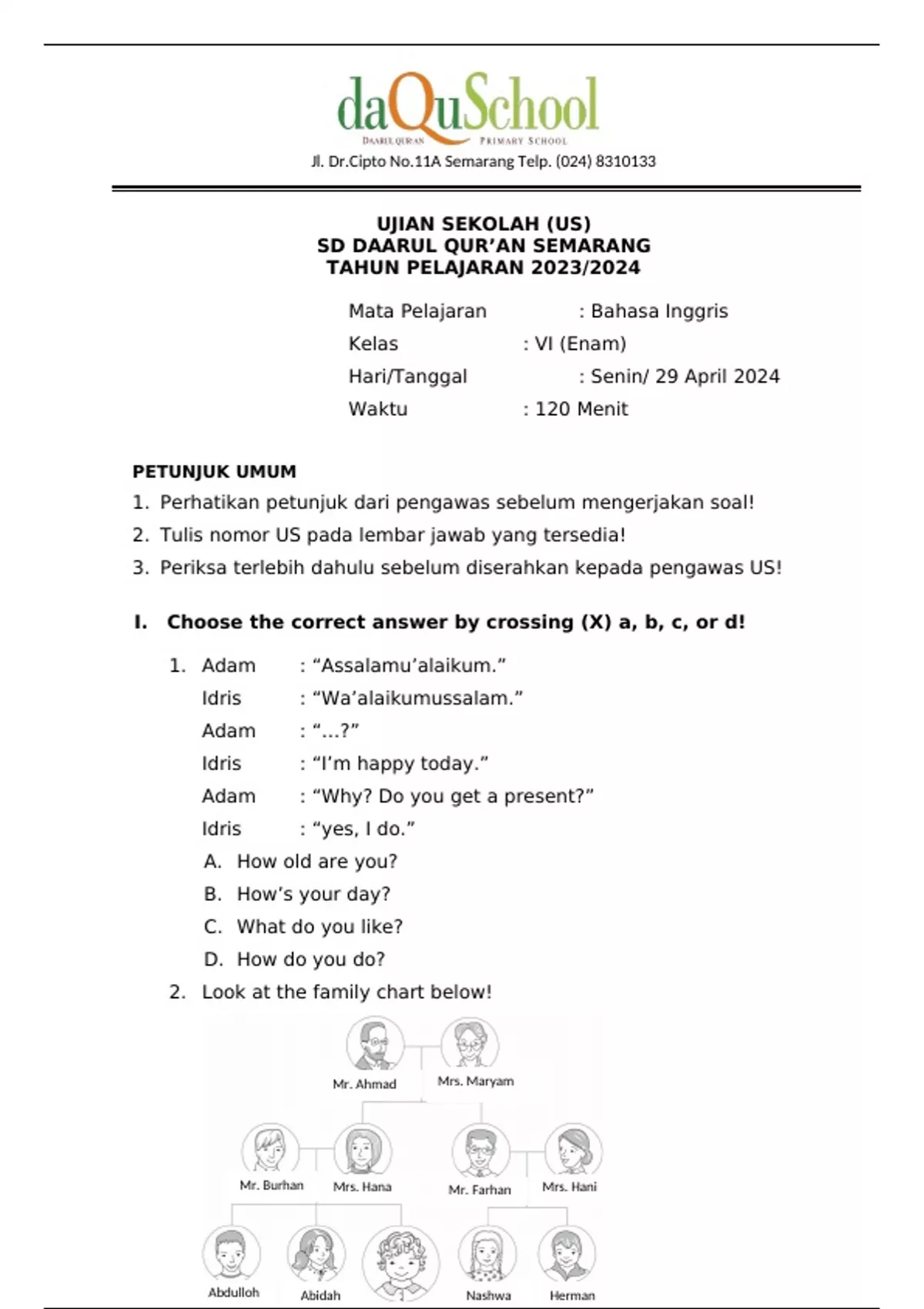 6th Grade English School Exam Questions - Soal Bahasa Inggris - Stuvia US