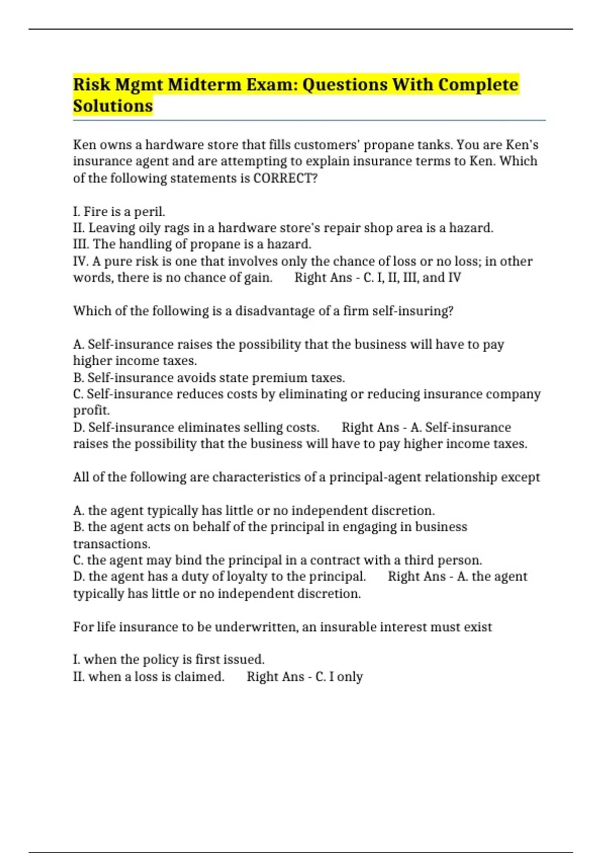 Risk Mgmt Midterm Exam: Questions With Complete Solutions - CFP FP512 ...