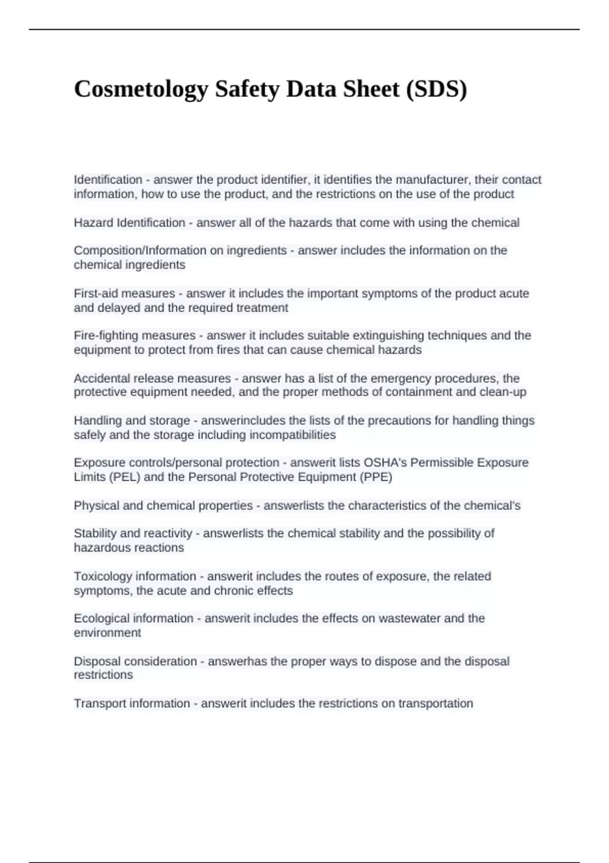 Cosmetology Safety Data Sheet (SDS) Questions with Solutions - SDS ...