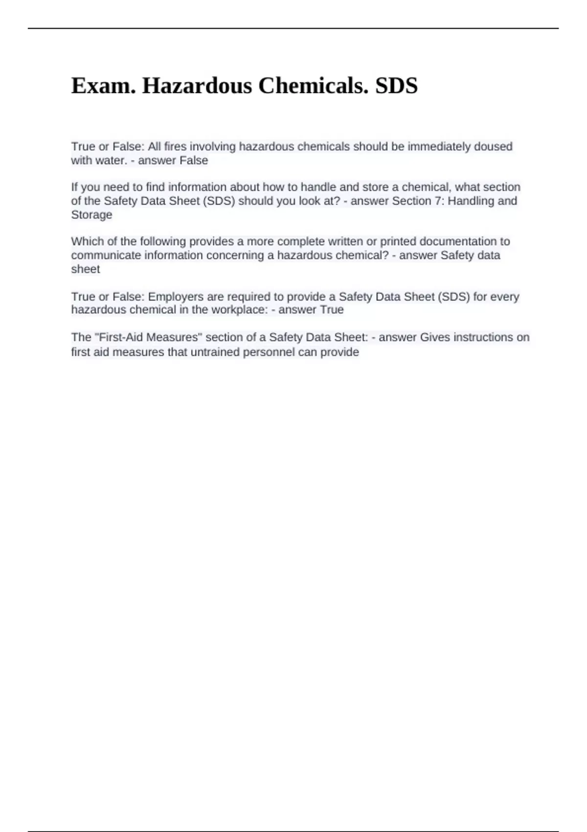 Exam. Hazardous Chemicals. SDS Questions with Solutions - SDS - Stuvia US