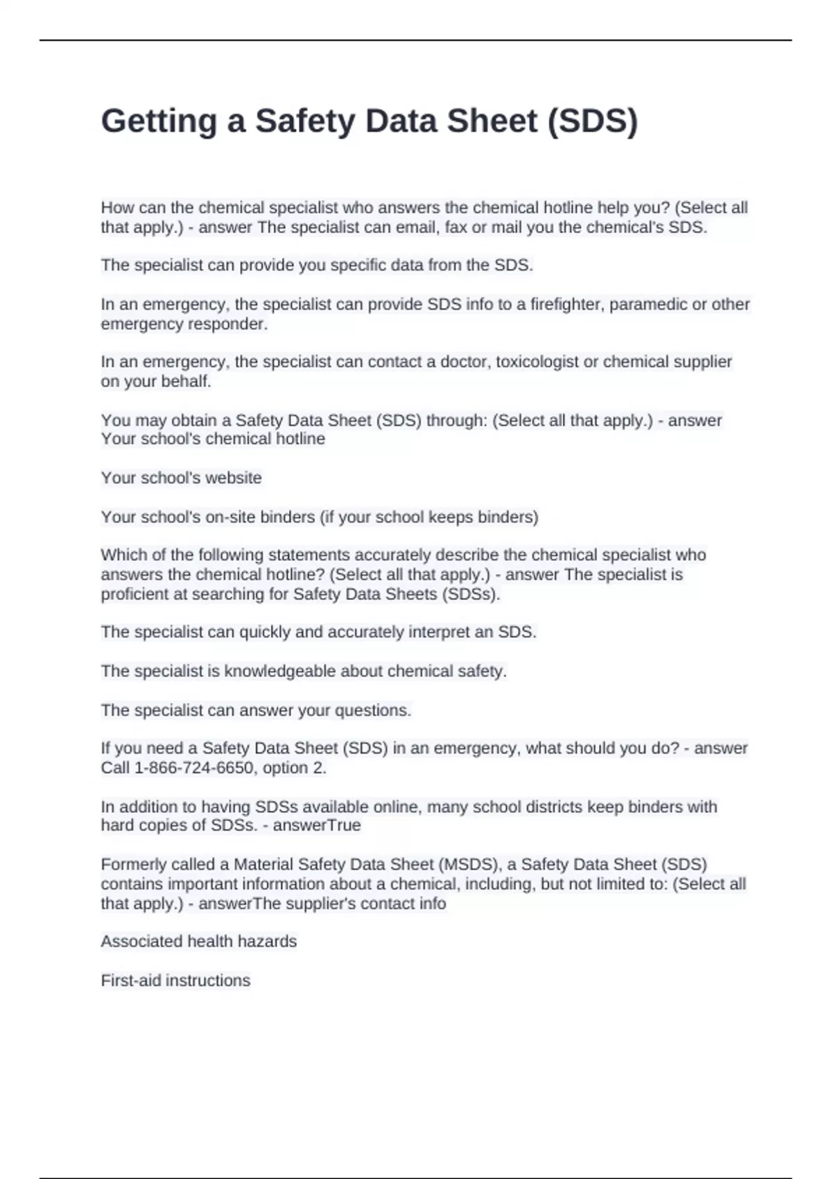 Getting a Safety Data Sheet (SDS) Questions and Answers - SDS - Stuvia US