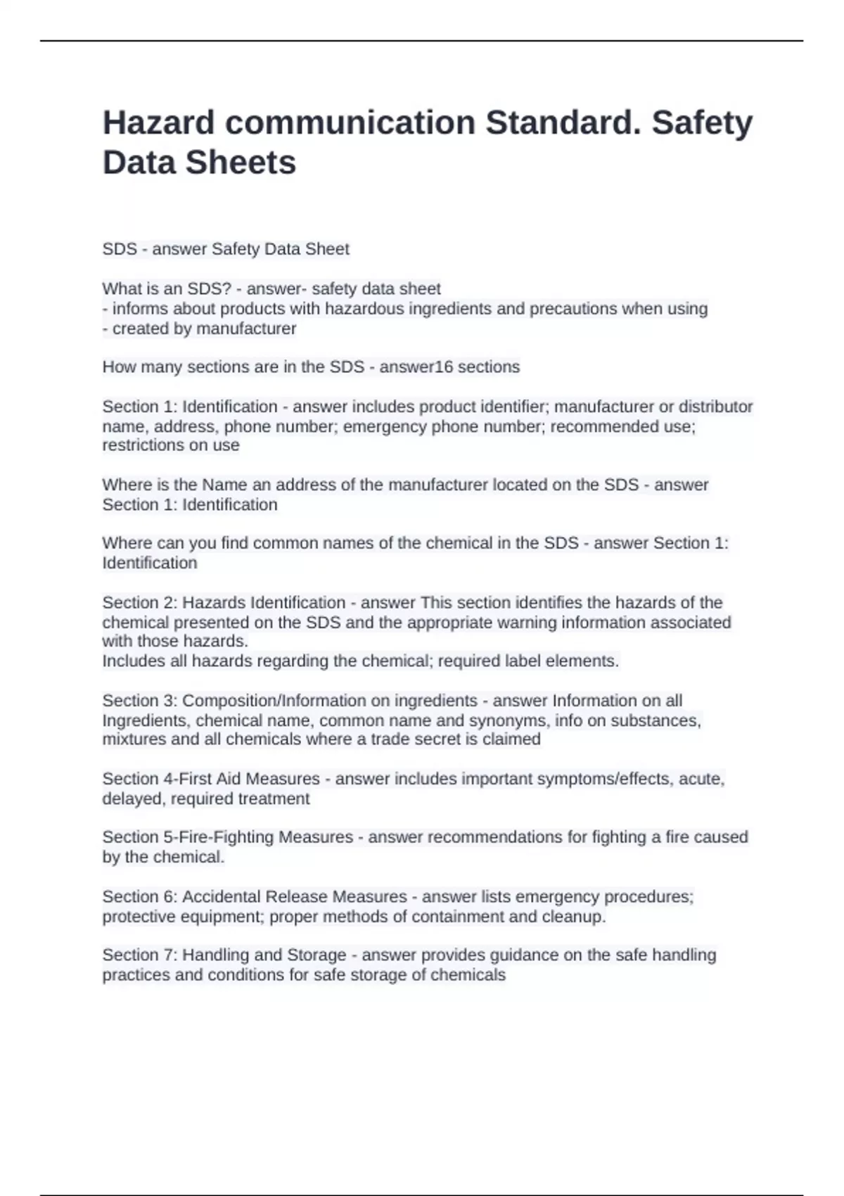 Hazard communication Standard. Safety Data Sheets Questions and Answers ...