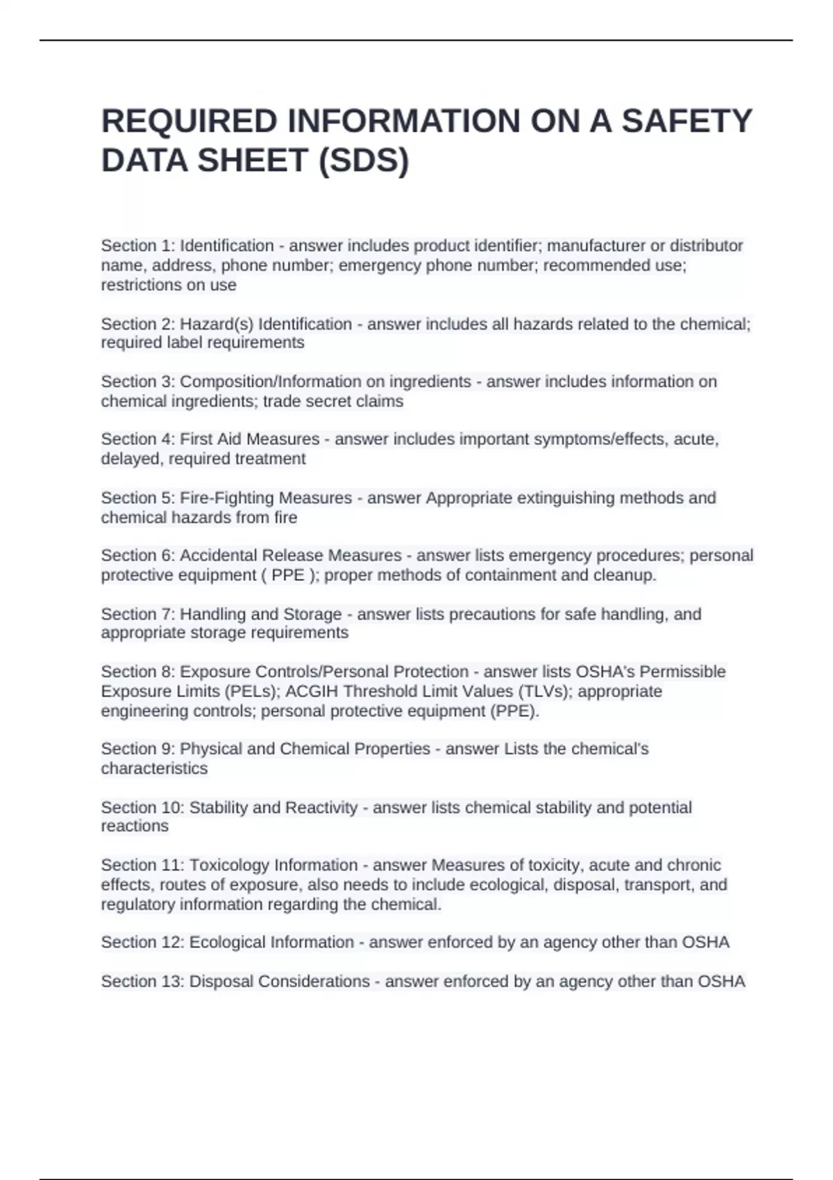 REQUIRED INFORMATION ON A SAFETY DATA SHEET (SDS) QUESTIONS AND ANSWERS ...