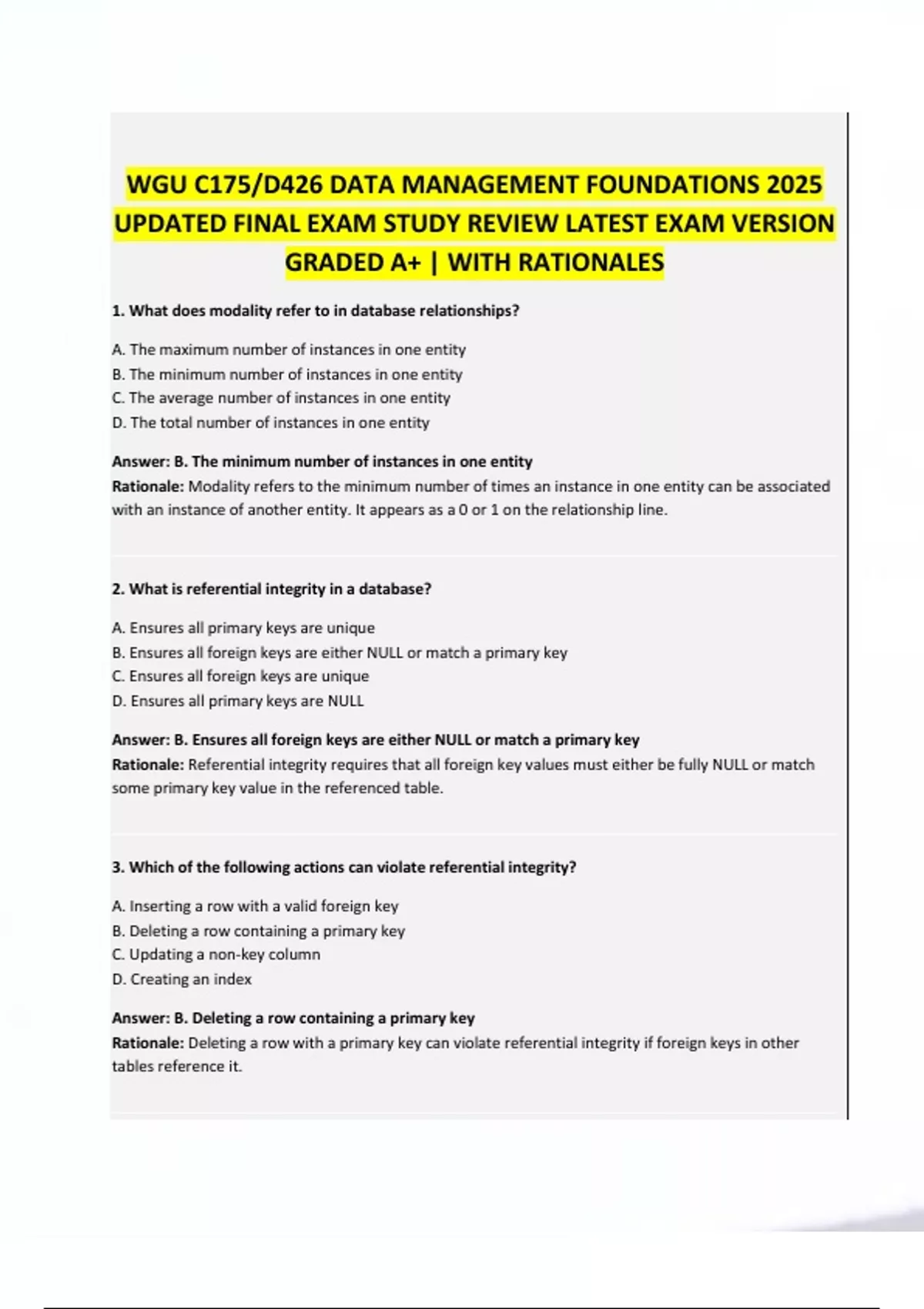 WGU C175/D426 DATA MANAGEMENT FOUNDATIONS 2025 UPDATED FINAL EXAM STUDY ...