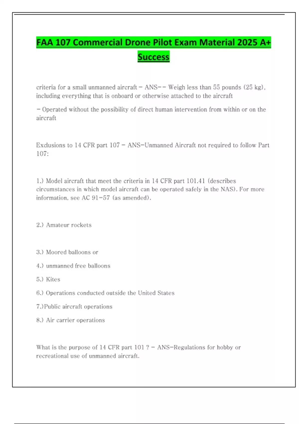 FAA 107 Commercial Drone Pilot Exam Material 2025 A+ Success - FAA 107 ...