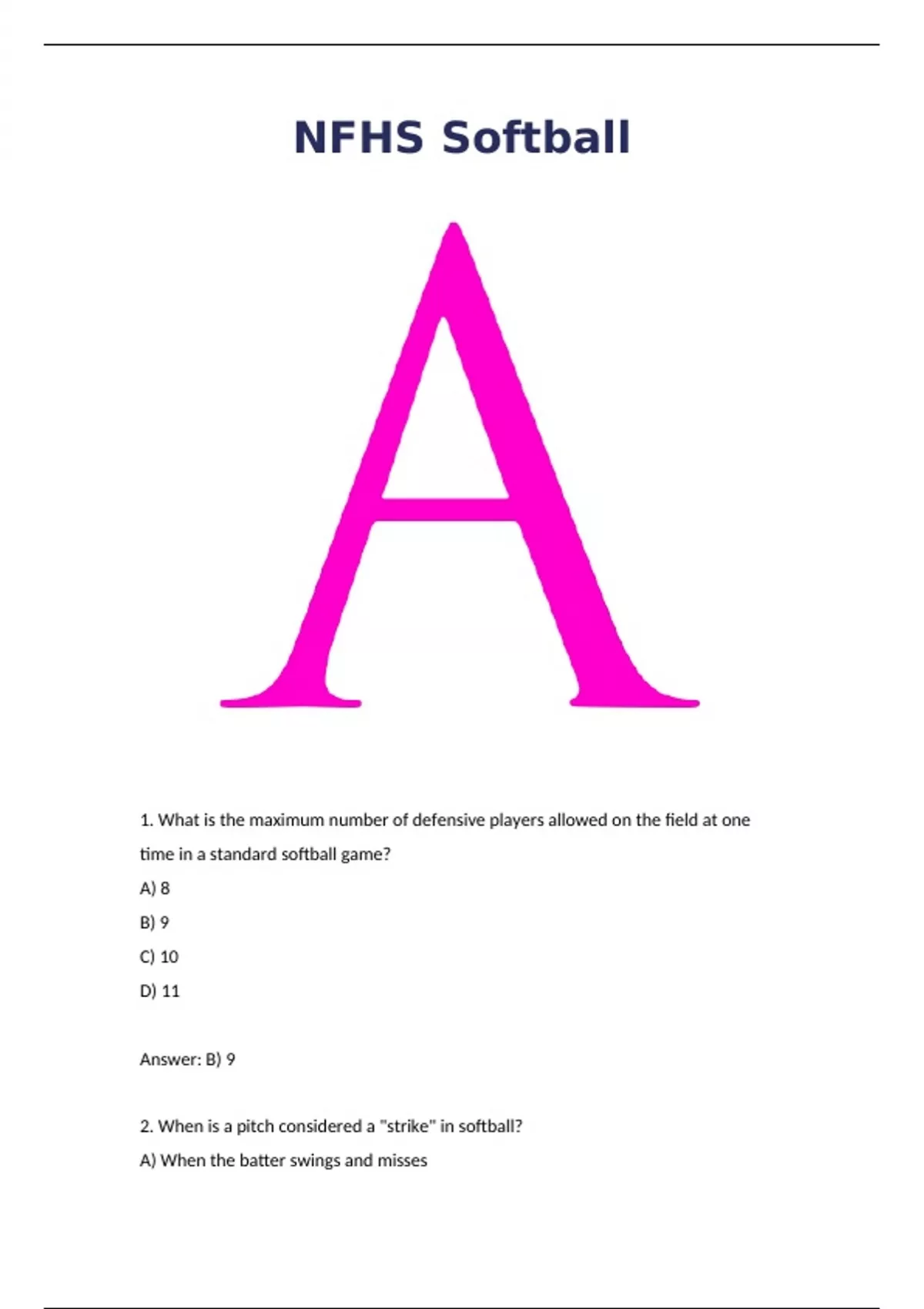 2025 NFHS Softball Questions And Correct Answers | Graded To Pass ...