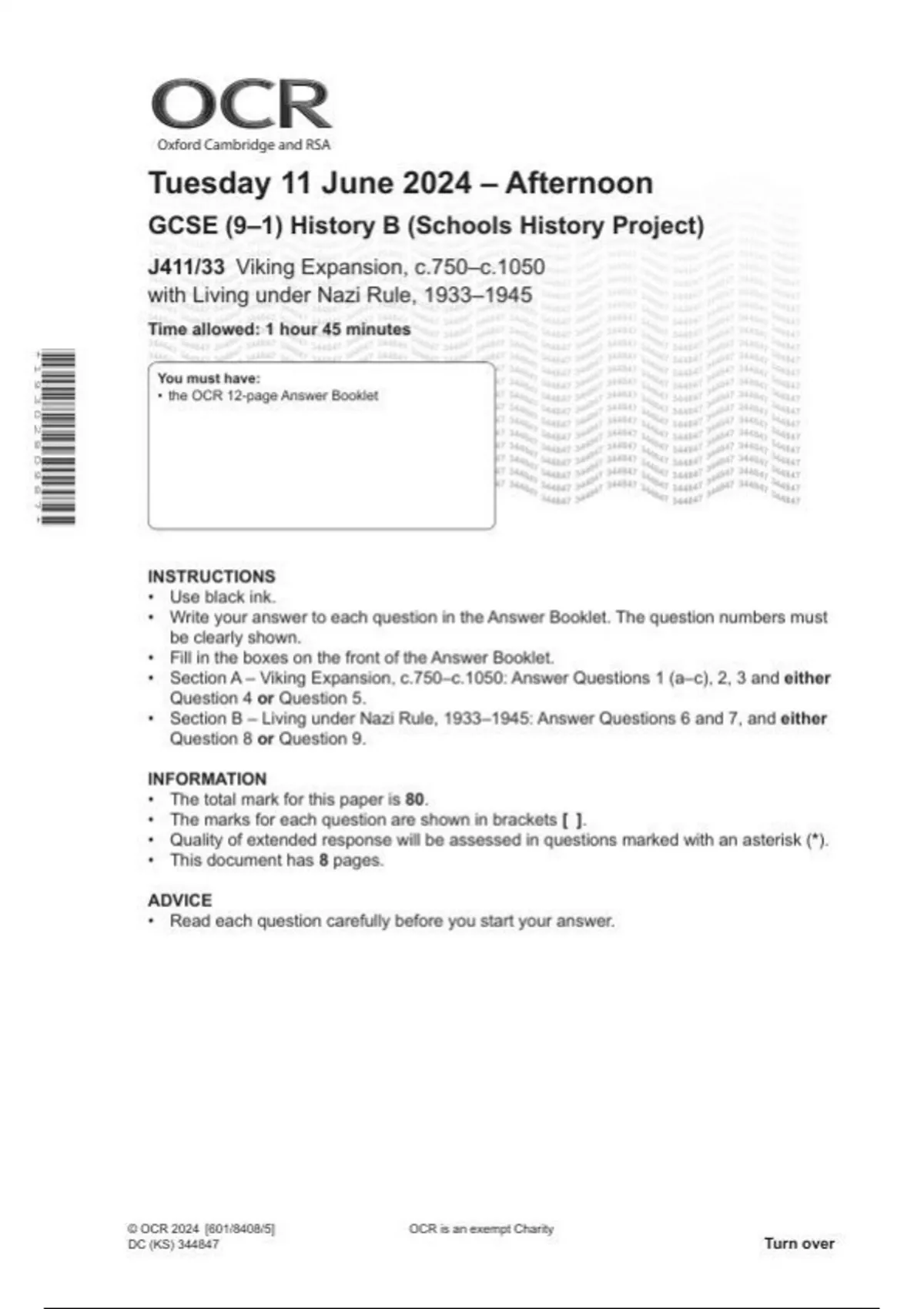 OCR GCSE (9–1) History B (Schools History Project) J411/33 Viking Expansion, c.750–c.1050 with ...