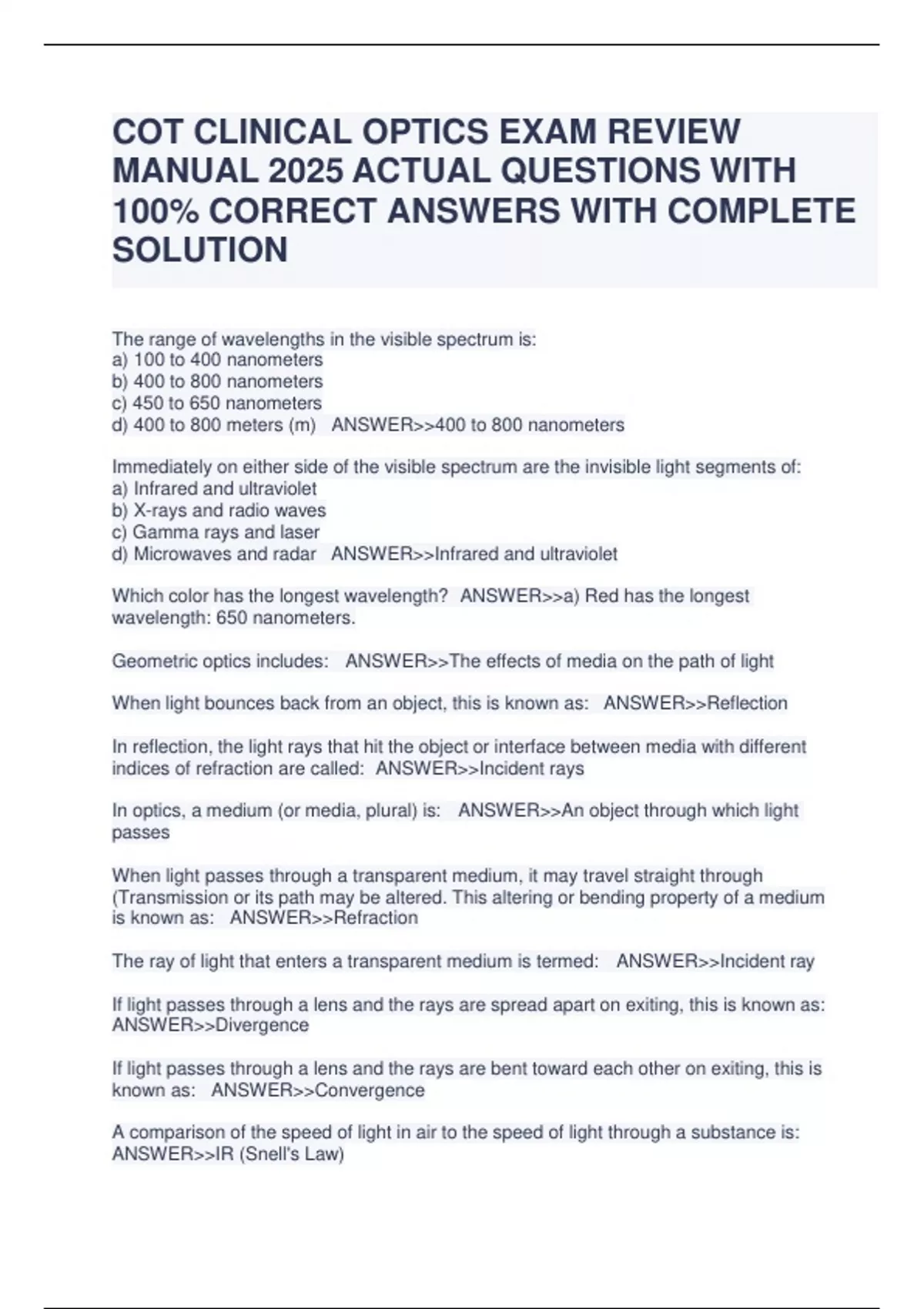 COT CLINICAL OPTICS EXAM REVIEW MANUAL 2025 ACTUAL QUESTIONS WITH 100% ...