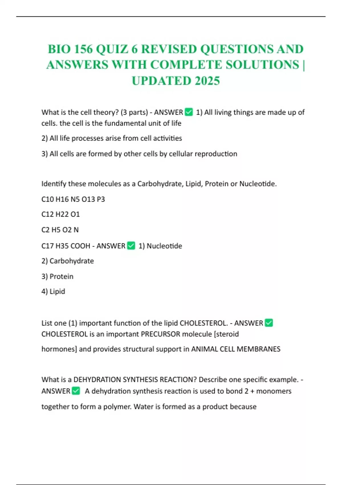 BIO 156 QUIZ 6 REVISED QUESTIONS AND ANSWERS WITH COMPLETE SOLUTIONS ...