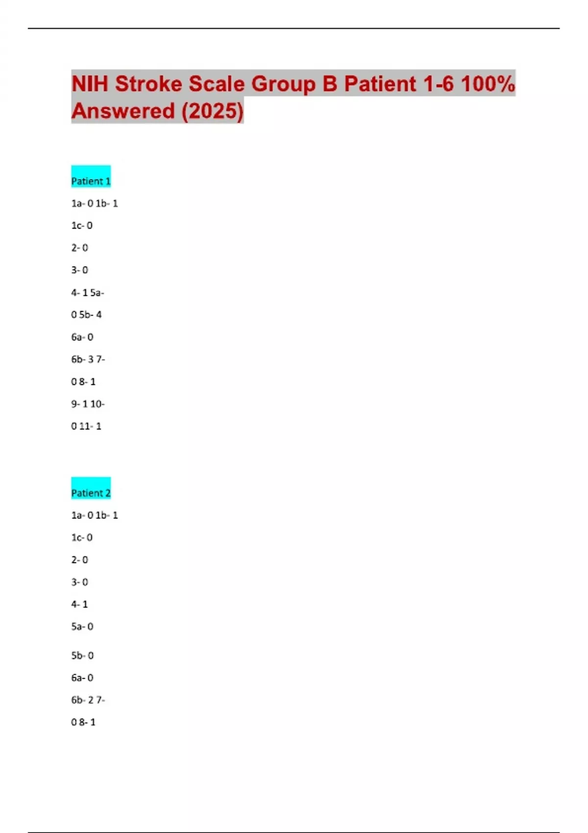 NIH Stroke Scale Group B Patient 1-6 100% Answered (2025) - NIH Stroke ...