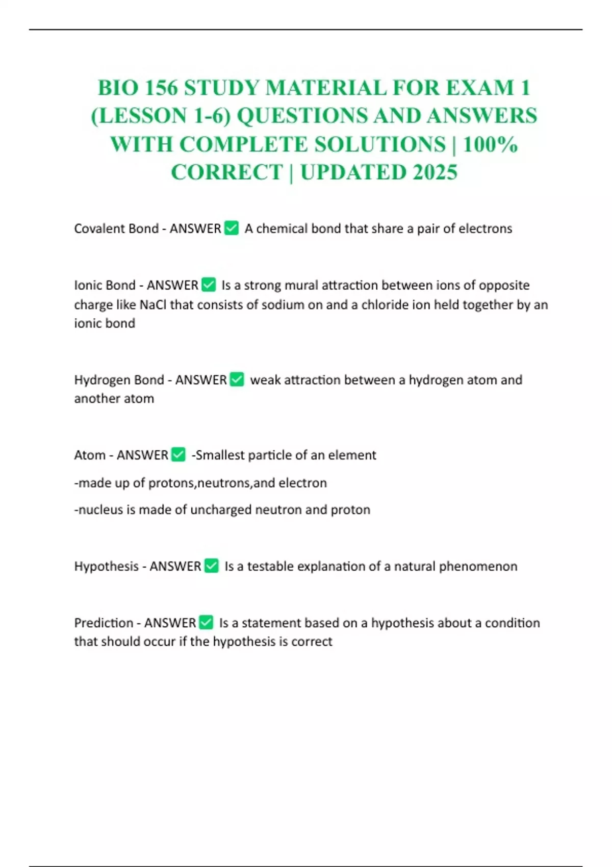 BIO 156 STUDY MATERIAL FOR EXAM 1 (LESSON 1-6) QUESTIONS AND ANSWERS WITH COMPLETE SOLUTIONS ...