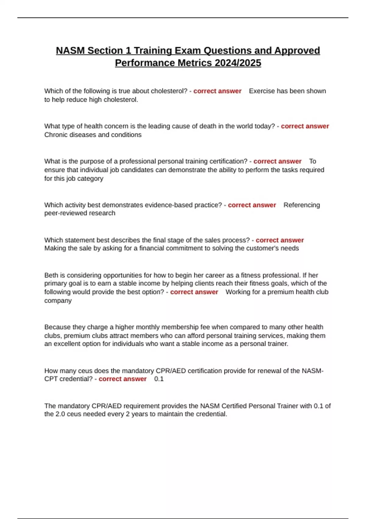 NASM Section 1 Training Exam Questions and Approved Performance Metrics ...