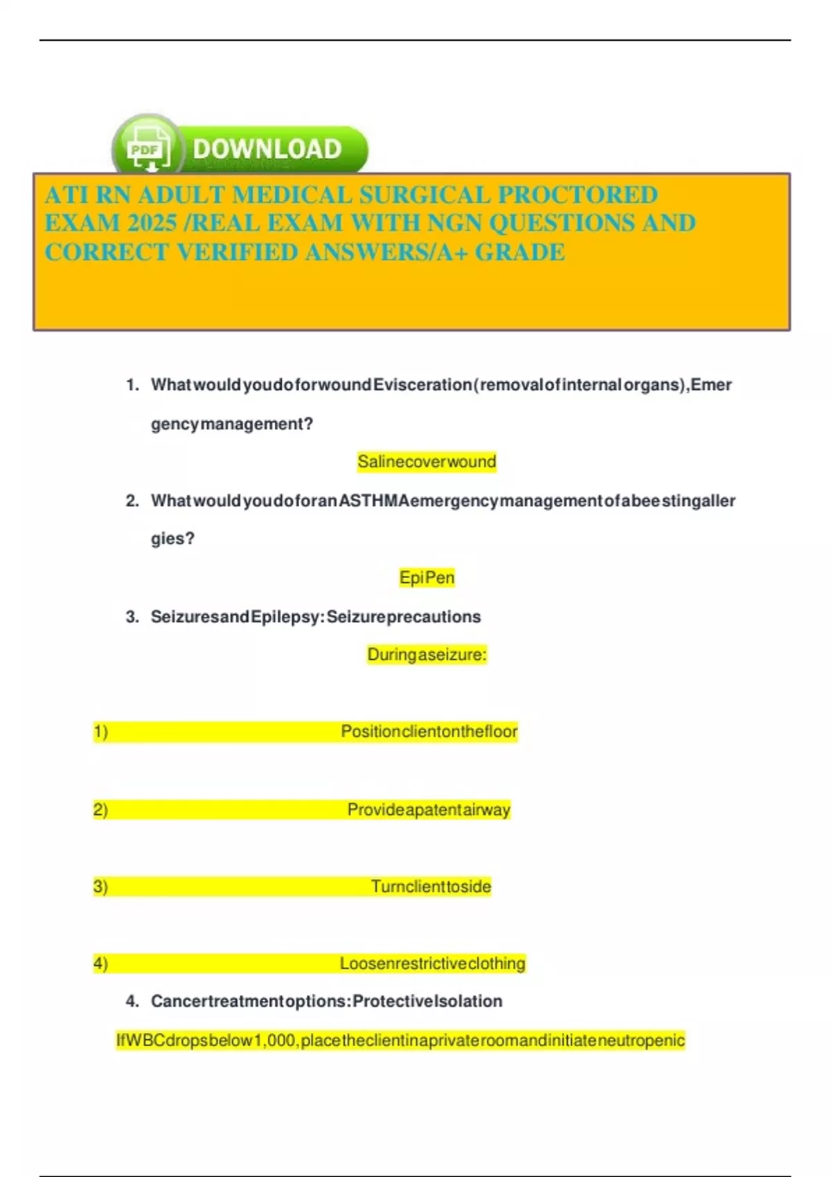 ATI RN ADULT MEDICAL SURGICAL PROCTORED EXAM 2025 /REAL EXAM WITH NGN ...