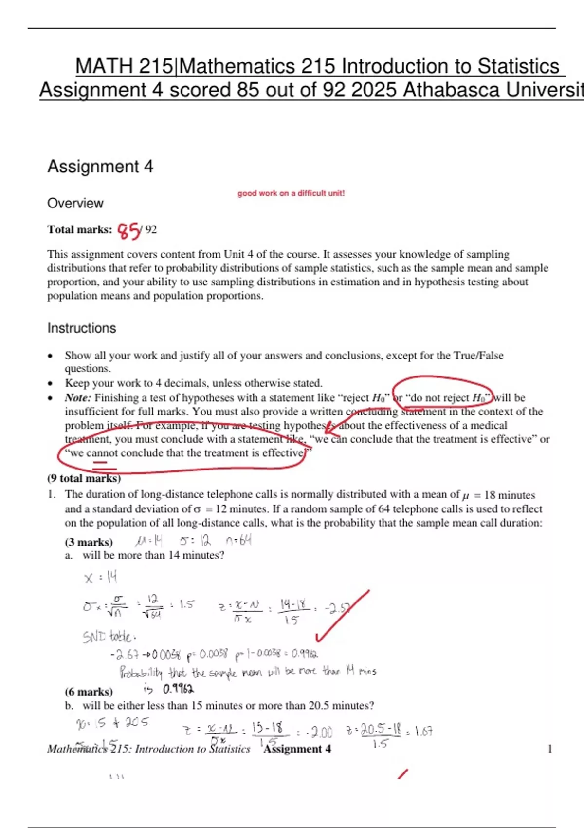 MATH 215|Mathematics 215 Introduction to Statistics Assignment 4 scored 85 out of 92|2025 ...