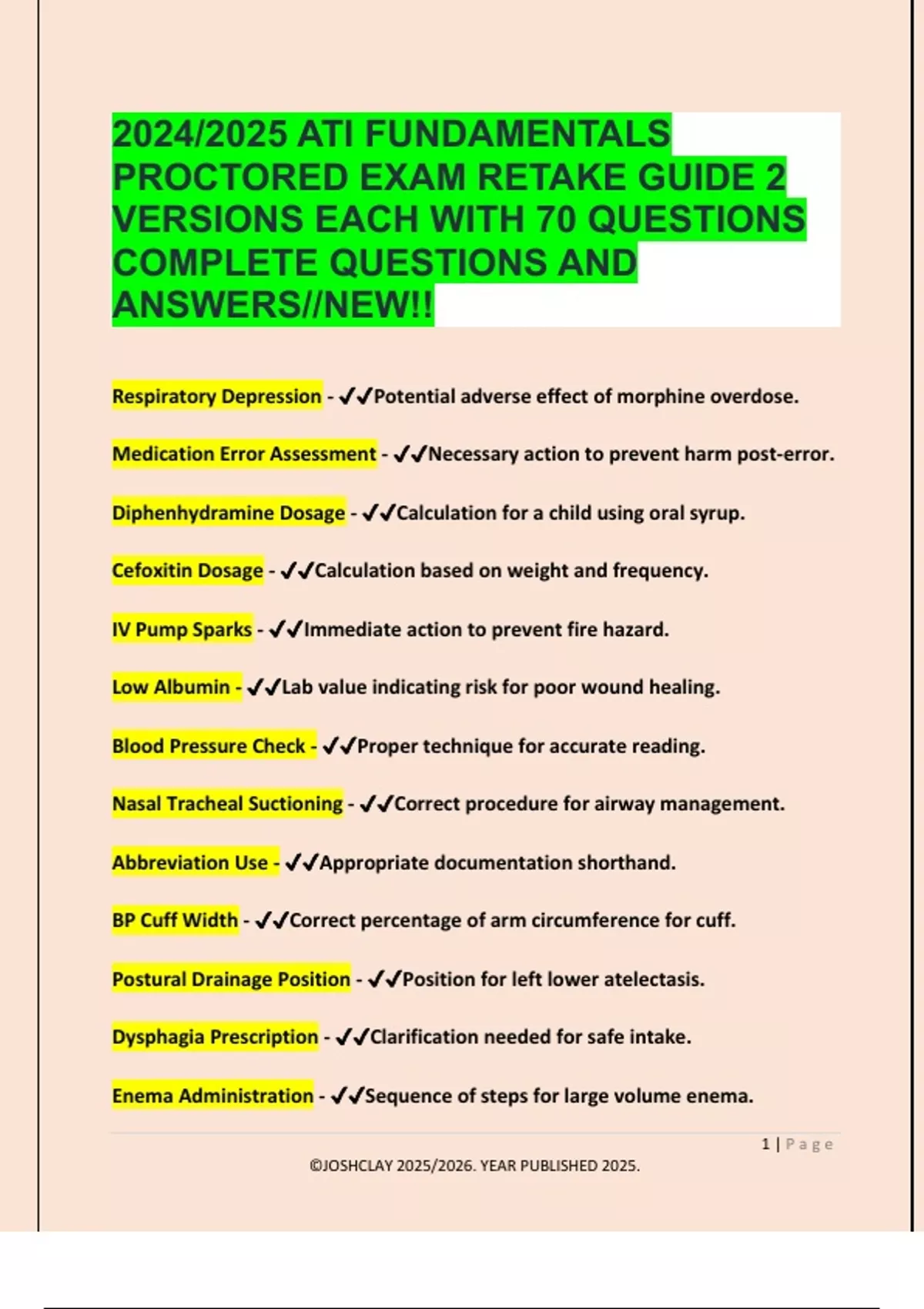 2024/2025 ATI FUNDAMENTALS PROCTORED EXAM RETAKE GUIDE 2 VERSIONS EACH ...