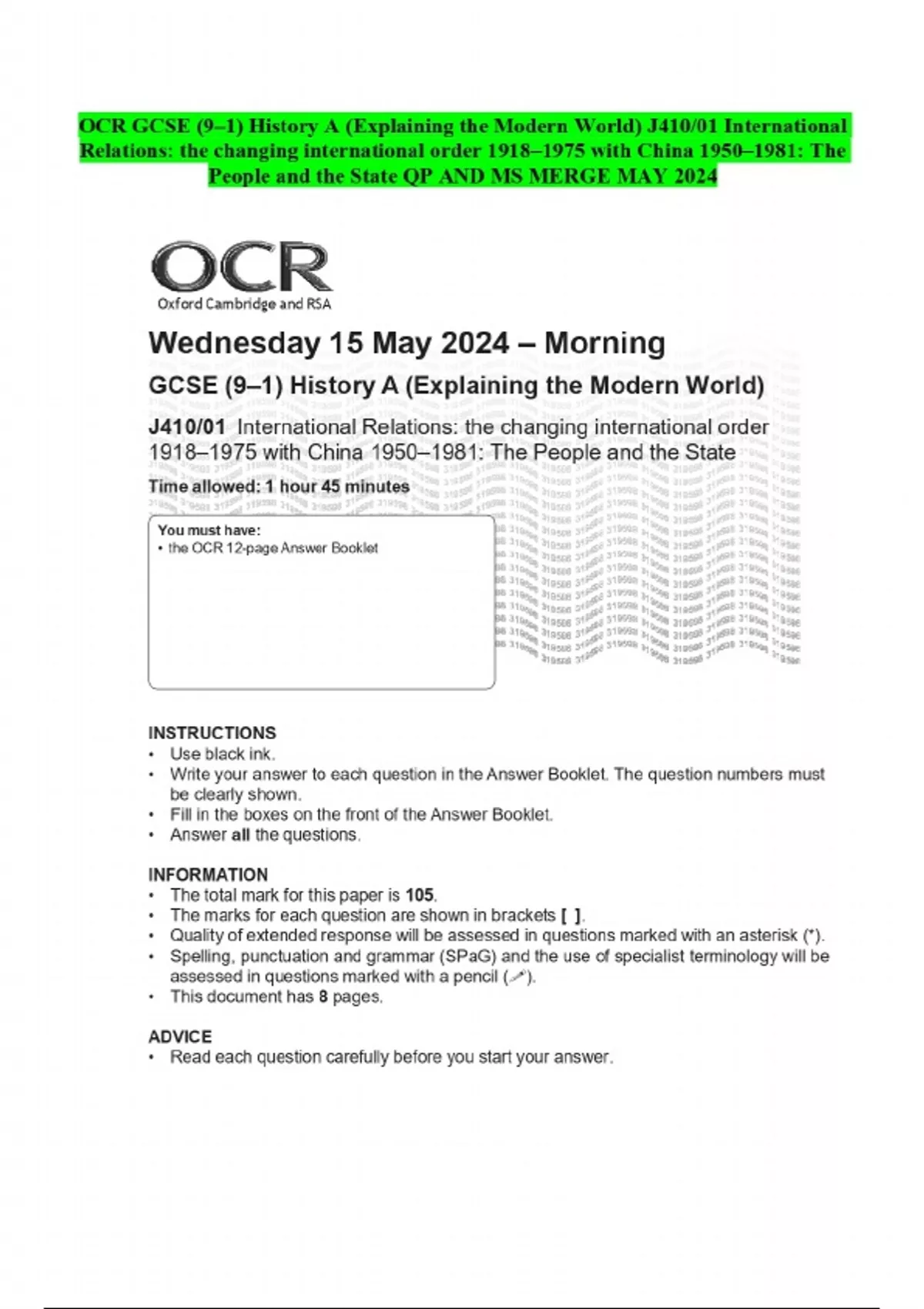 OCR GCSE (9–1) History A QP AND MS MERGE JUNE 2024 - Stuvia US