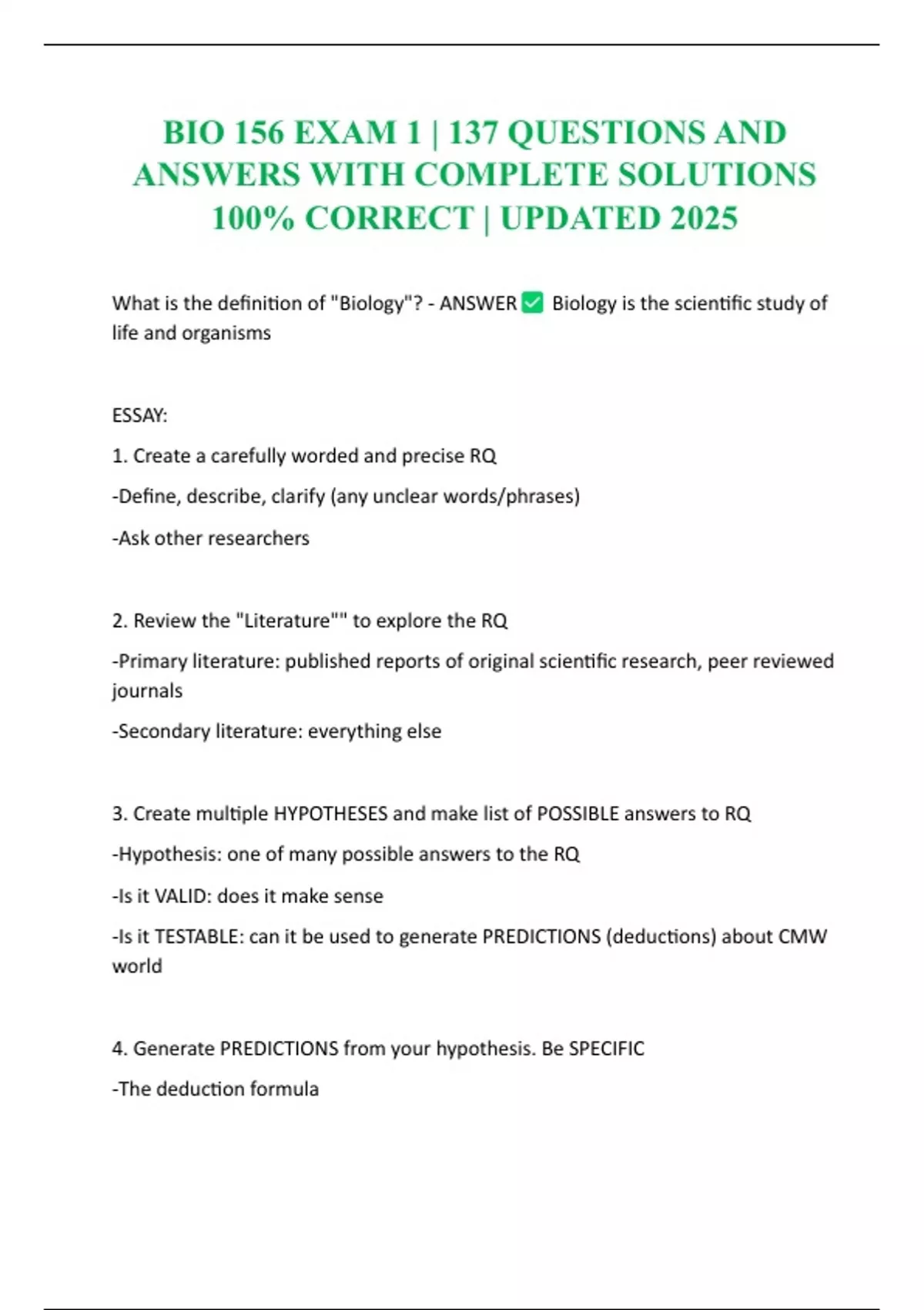 BIO 156 EXAM 1 | 137 QUESTIONS AND ANSWERS WITH COMPLETE SOLUTIONS 100% CORRECT | UPDATED 2025 ...