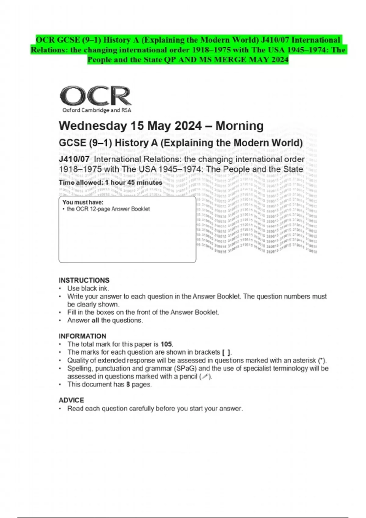 OCR GCSE (9–1) History A (Explaining the Modern World) J410/07 ...