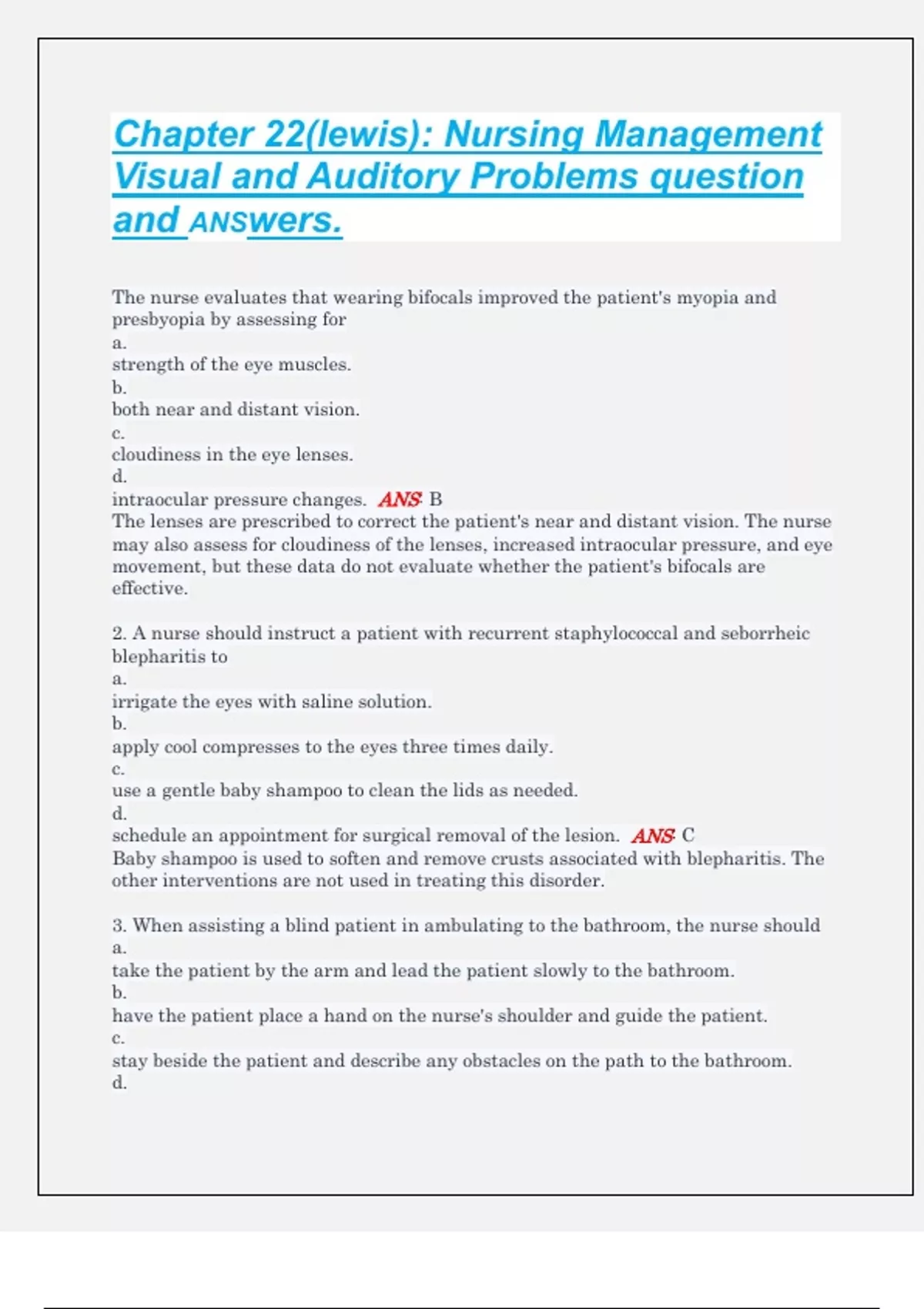 Chapter 22(lewis) Nursing Management: Visual and Auditory Problems Questions With Complete ...