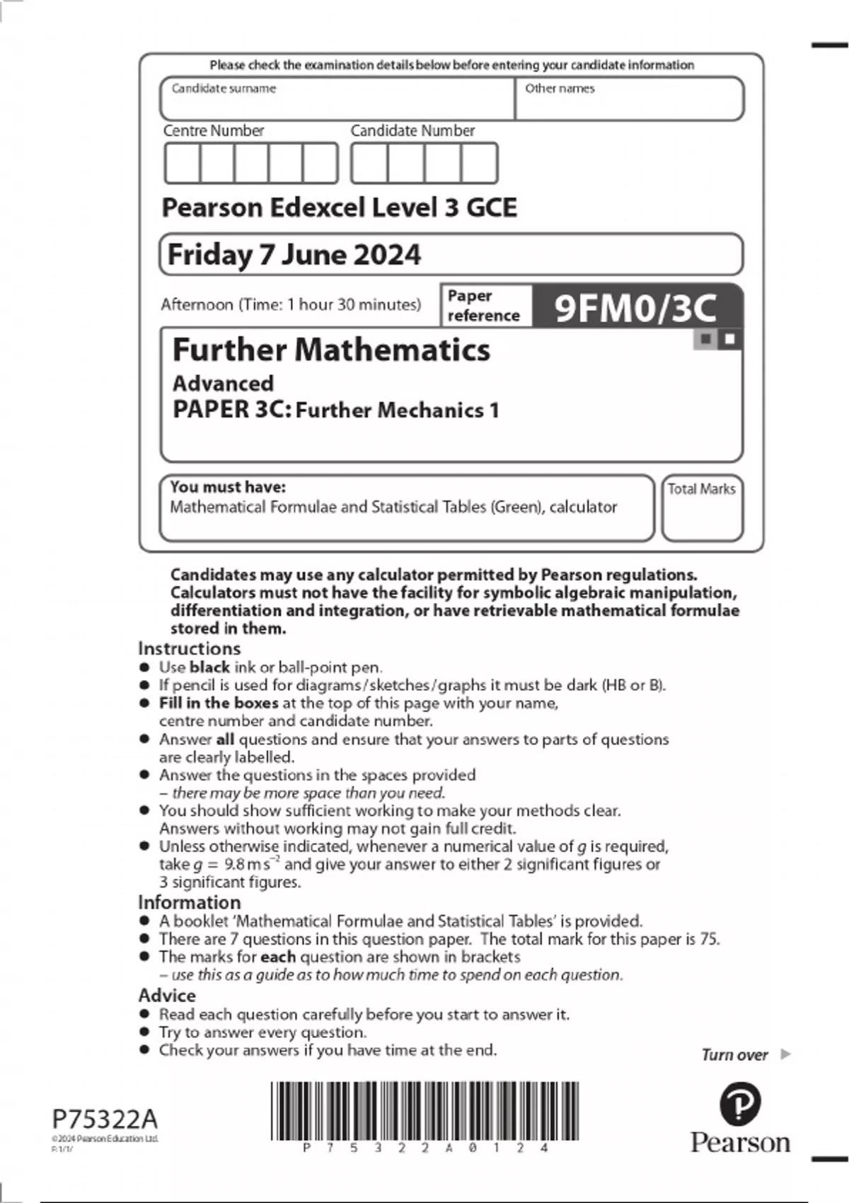 2024 Pearson Edexcel Level 3 GCE Further Mathematics Advanced PAPER 3C ...