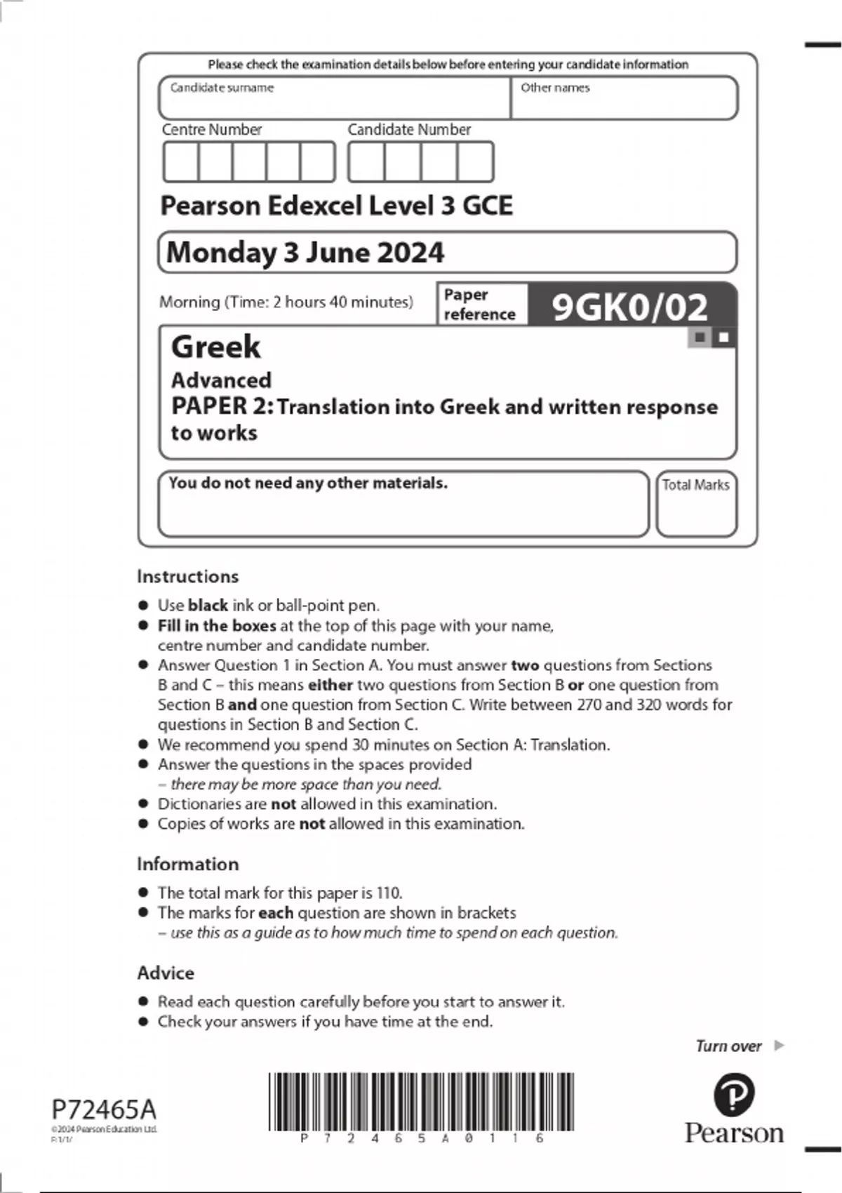 2024 Pearson Edexcel Level 3 GCE Greek Advanced PAPER 2: Translation ...