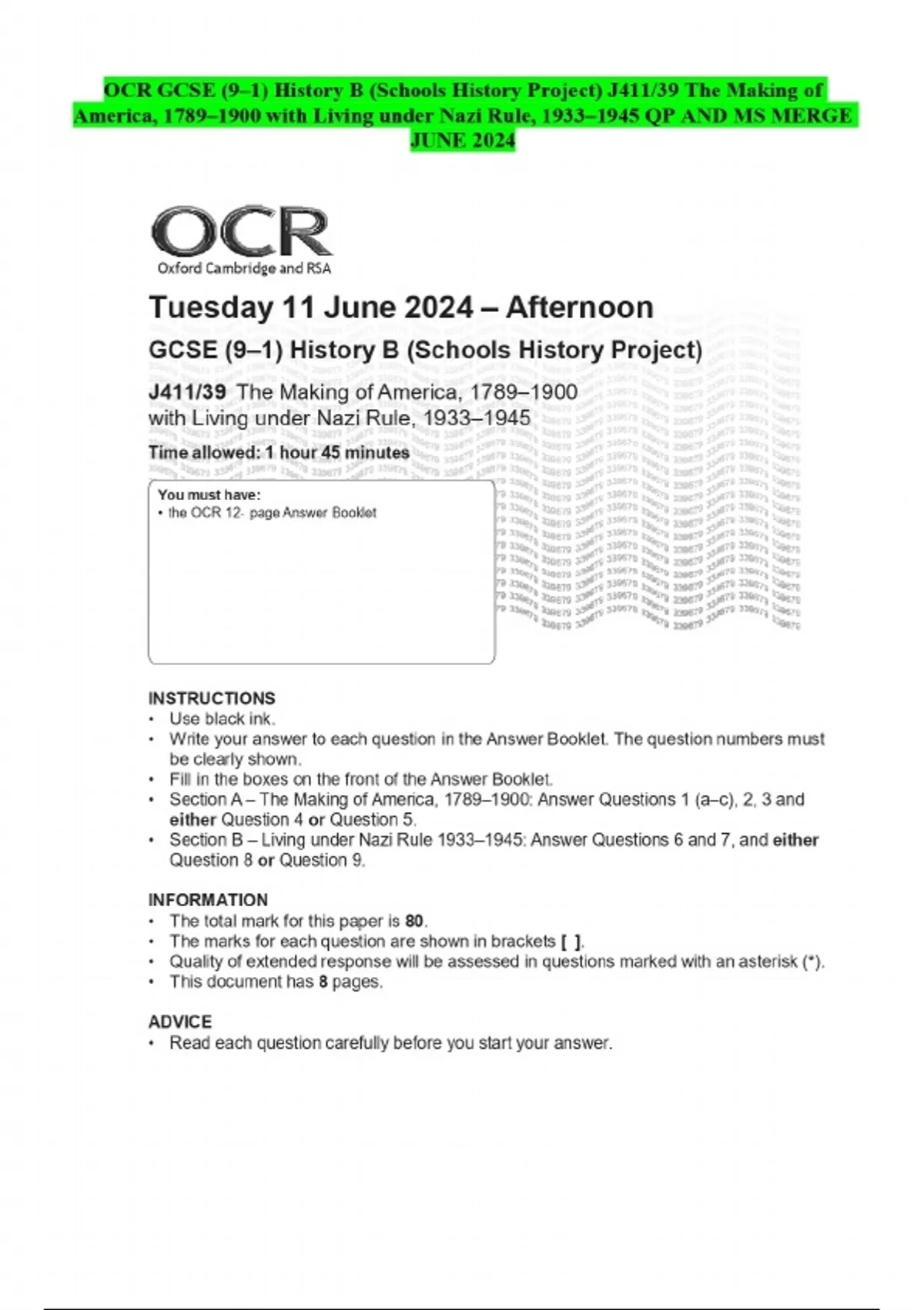 OCR GCSE (9–1) History B (Schools History Project) J411/39 The Making ...