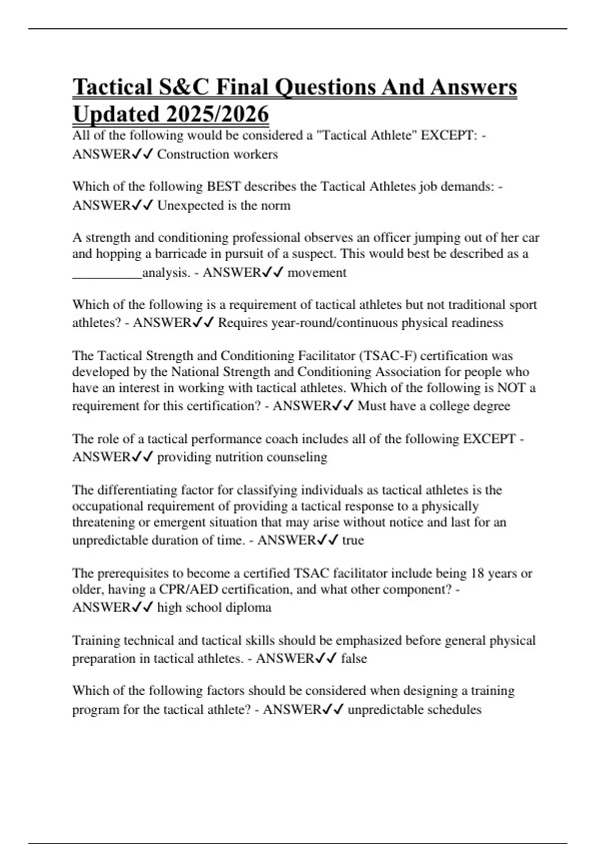 Tactical S&C Final Questions And Answers Updated 2025/2026 - Tsac-f ...