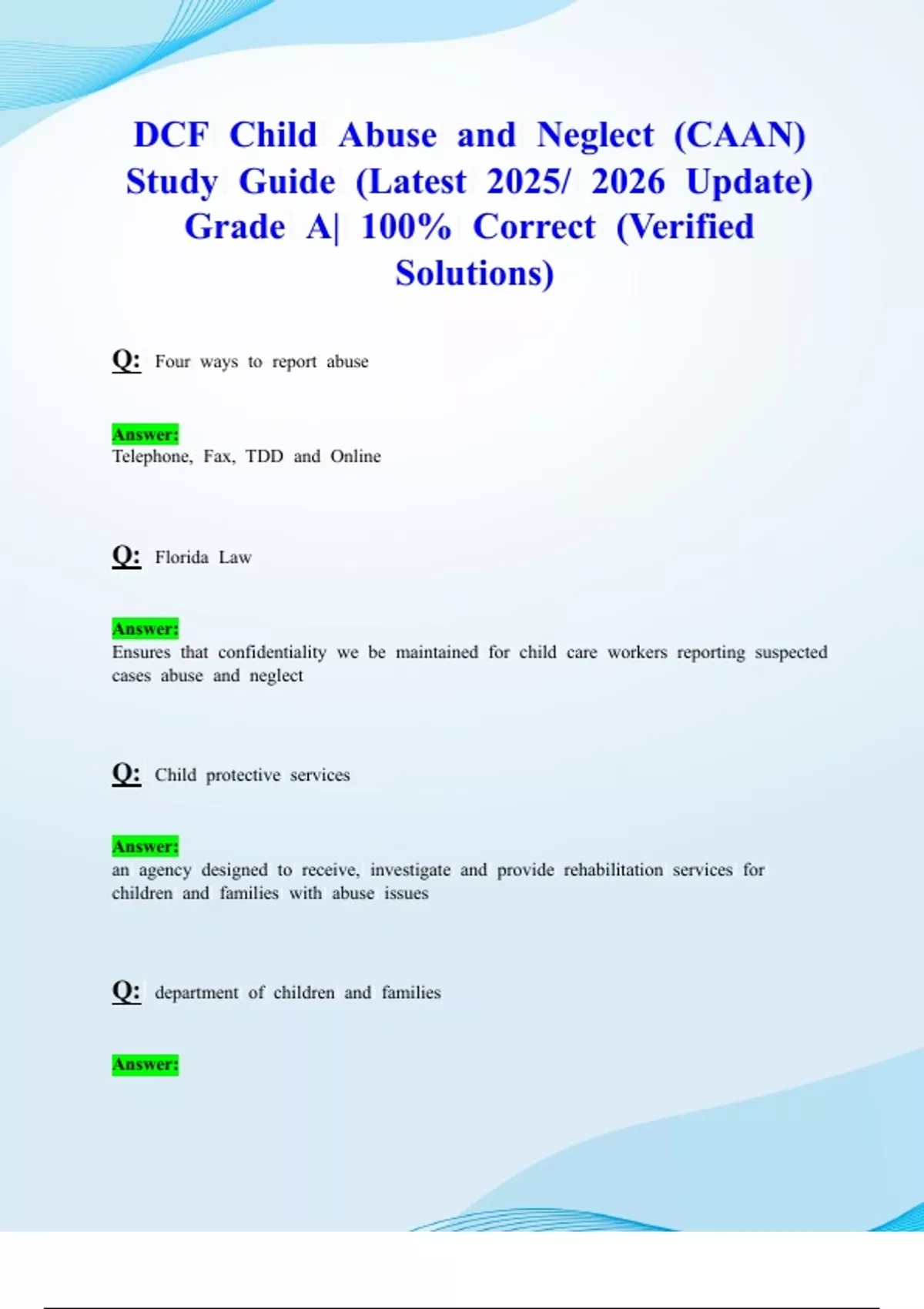 DCF Child Abuse and Neglect (CAAN) Study Guide (Latest 2025/ 2026 ...