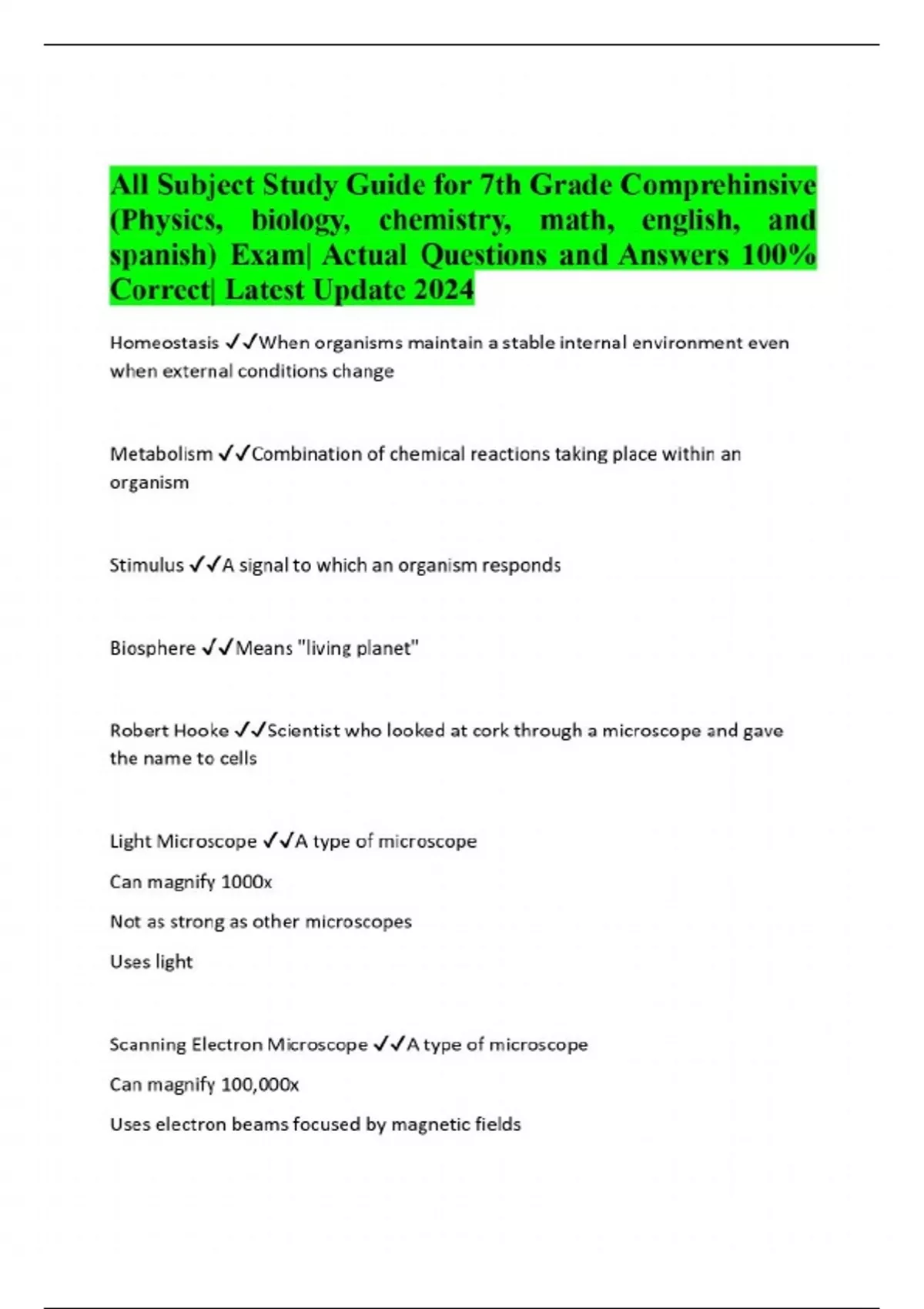 ALL SUBJECT STUDY GUIDE FOR 2025 7TH GRADE COMPREHINSIVE (PHYSICS ...