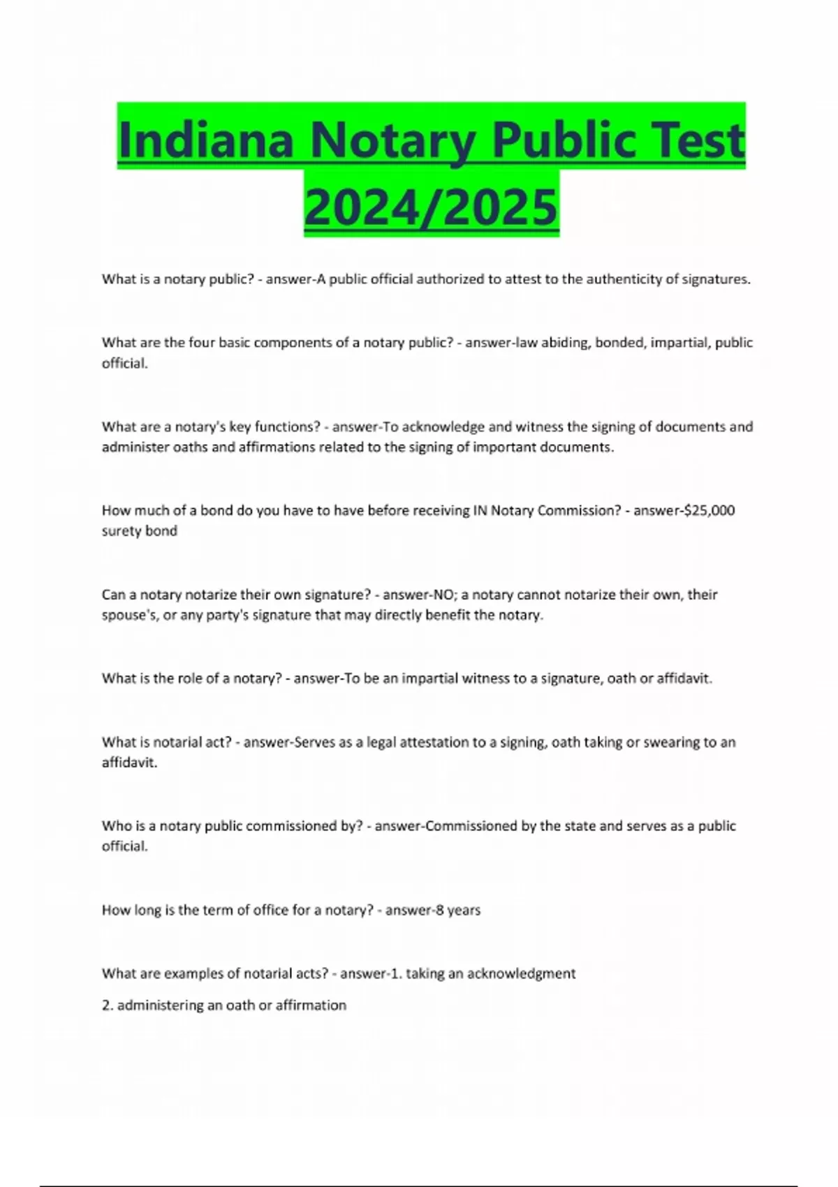 Indiana Notary Public Test 2024/2025 - Indiana Notary - Stuvia US