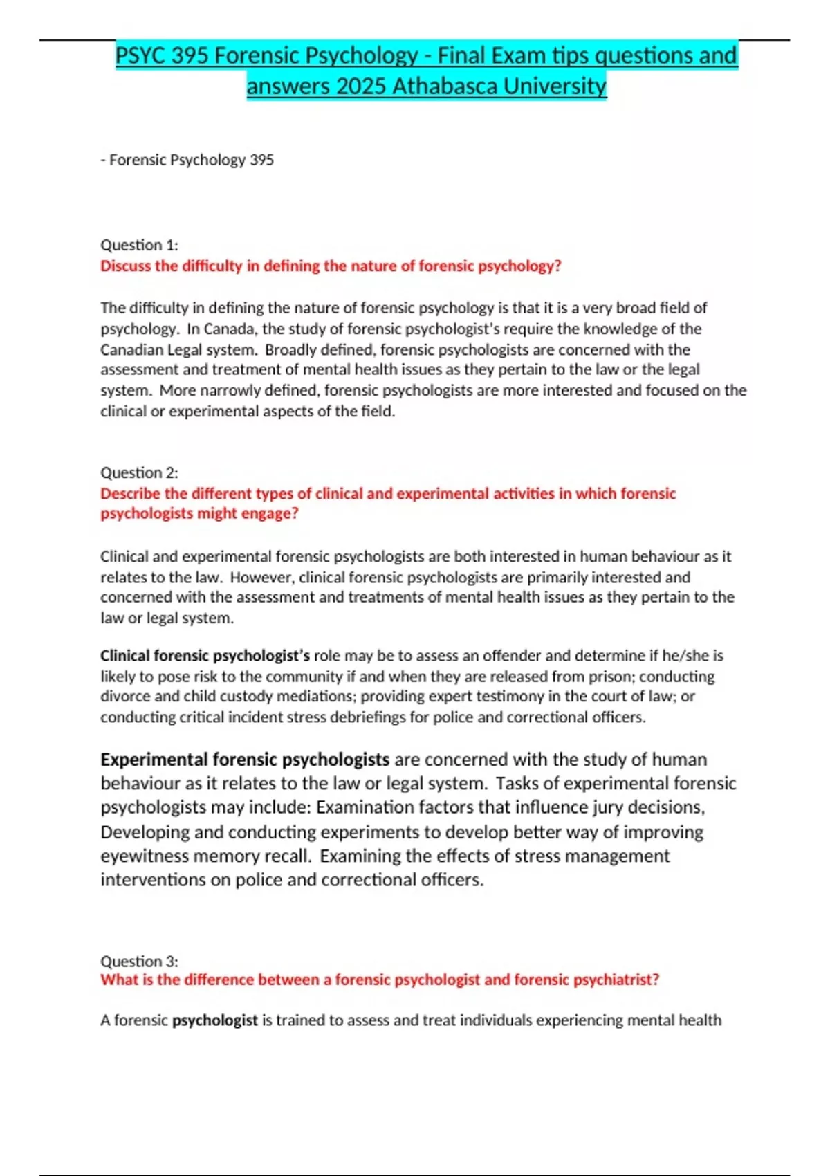 PSYC 395 Forensic Psychology - Final Exam tips questions and answers 2025 Athabasca University ...