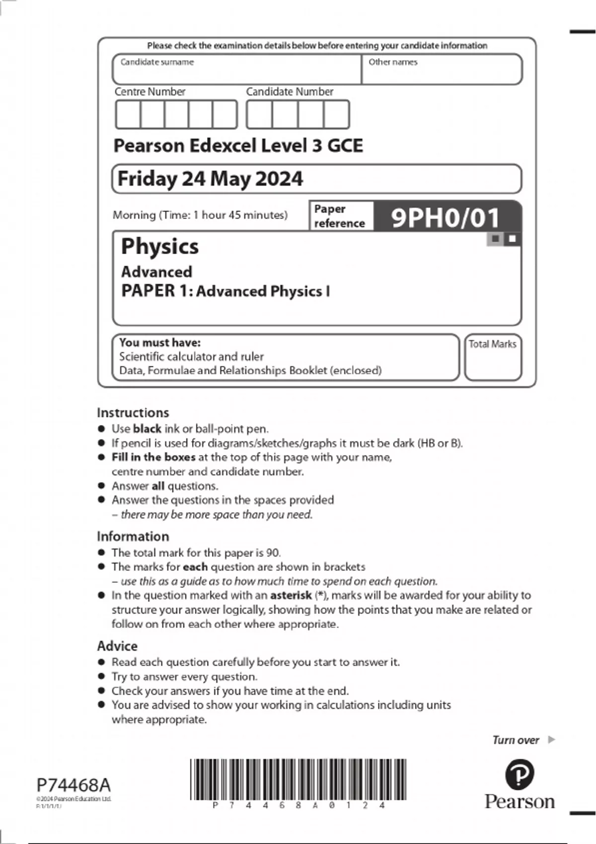 2024 Pearson Edexcel Level 3 GCE Physics Advanced PAPER 1: Advanced ...