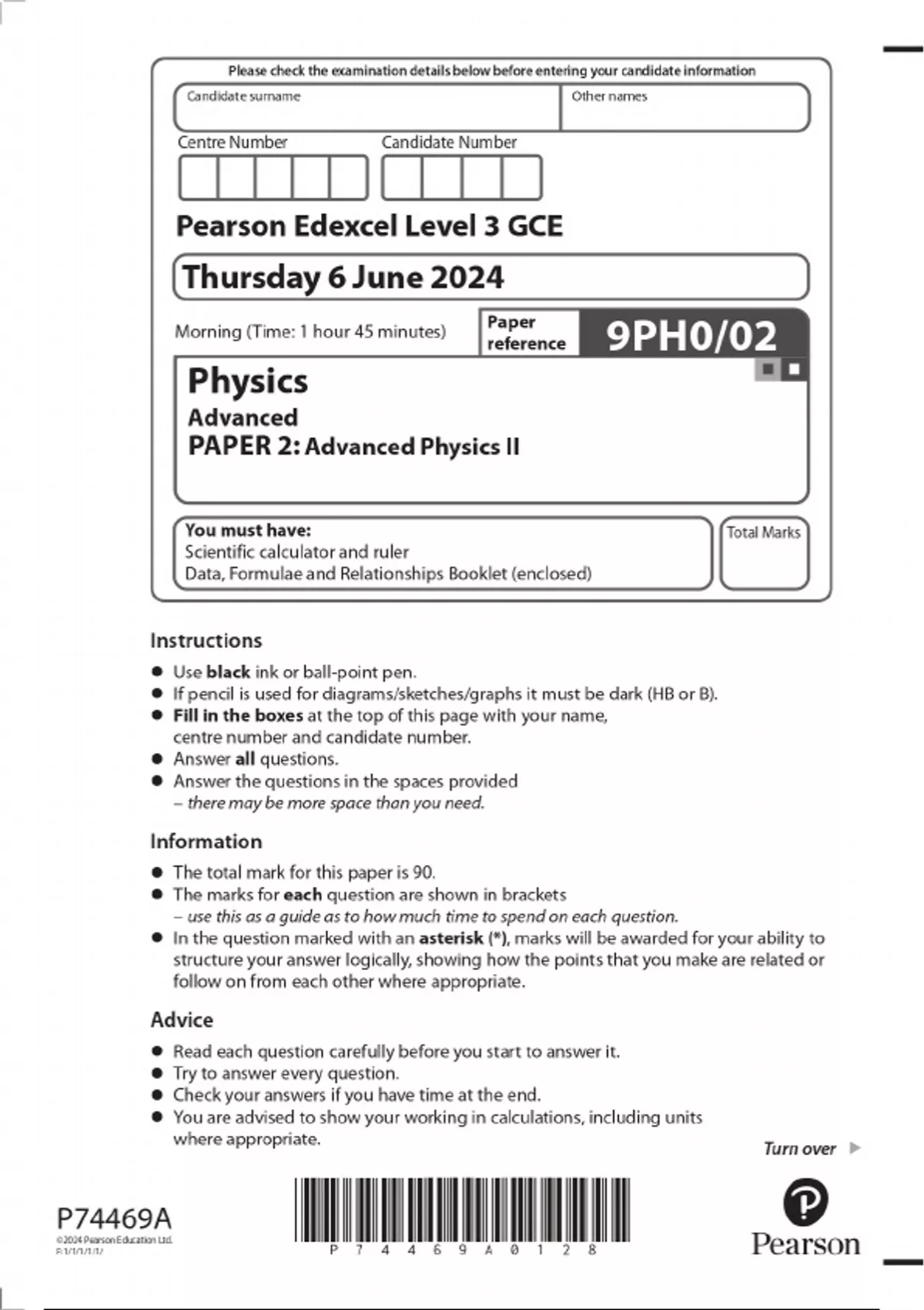 2024 Pearson Edexcel Level 3 GCE Physics Advanced PAPER 2: Advanced ...