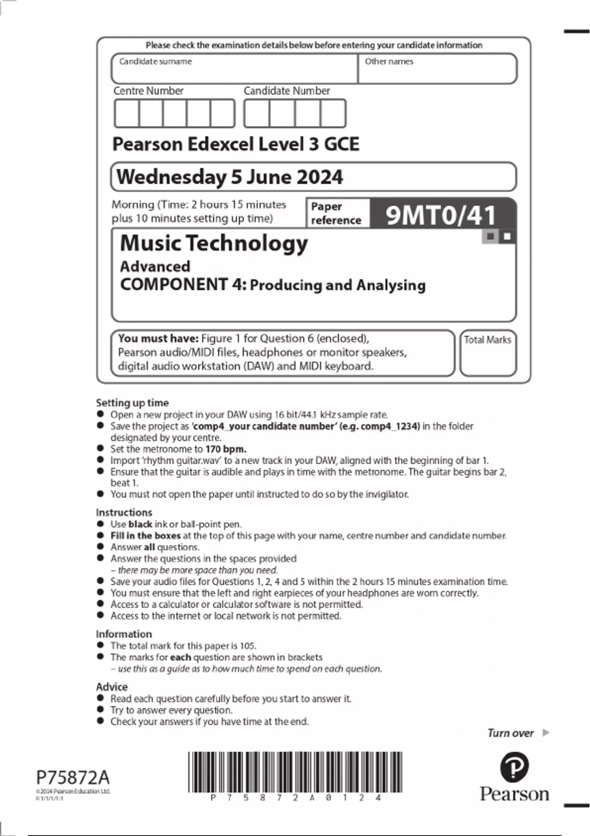 2024 Pearson Edexcel Level 3 GCE Music Technology Advanced COMPONENT 4 ...