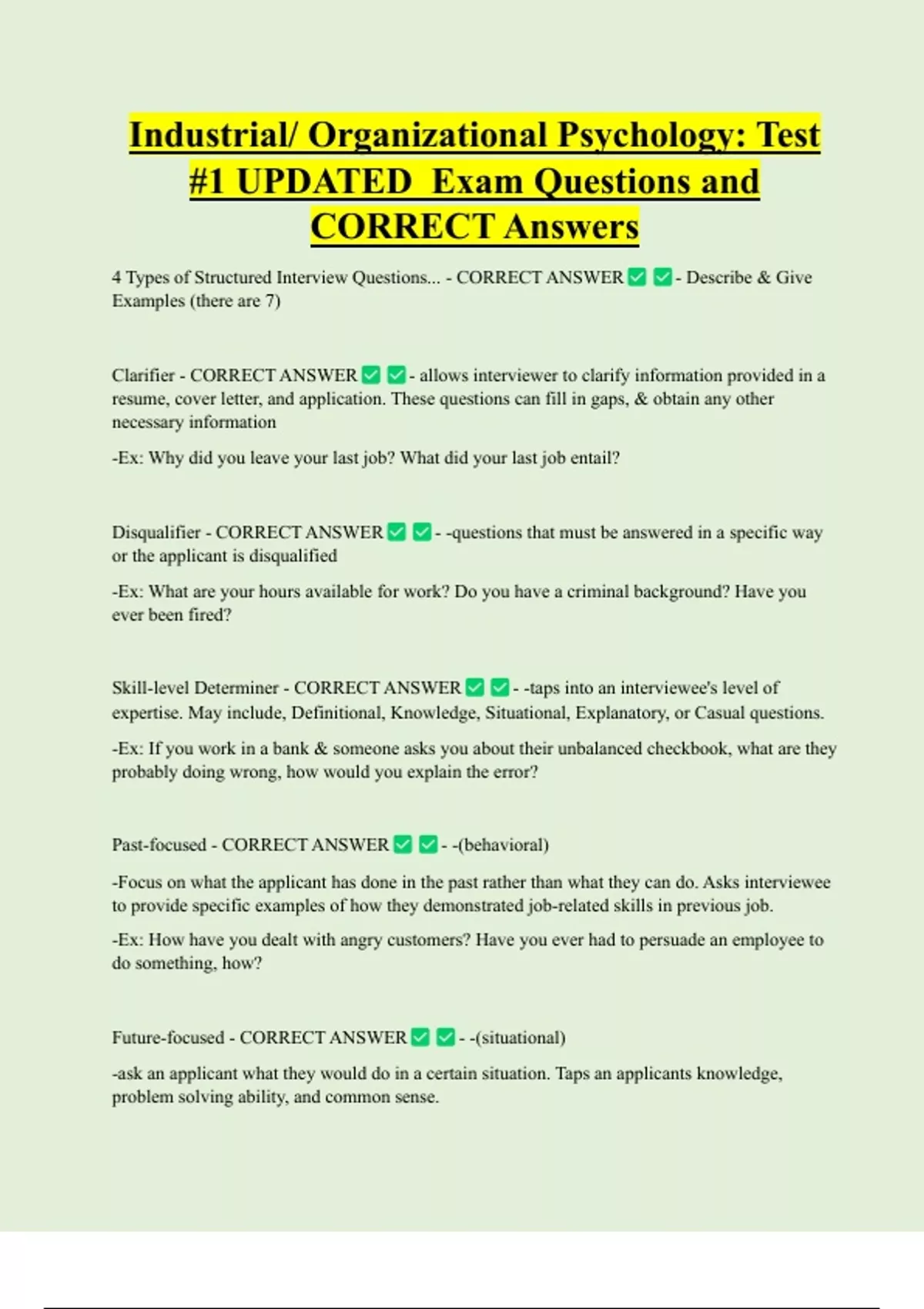 Industrial/ Organizational Psychology: Test #1 UPDATED Exam Questions ...