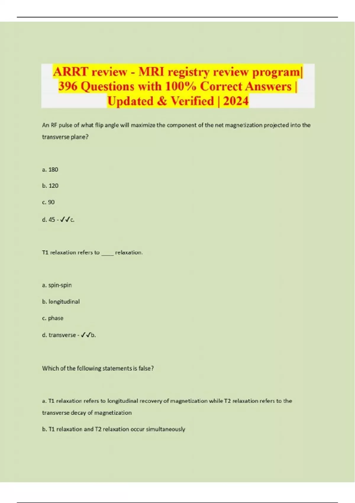 ARRT review - MRI registry review program| 396 Questions with 100% ...