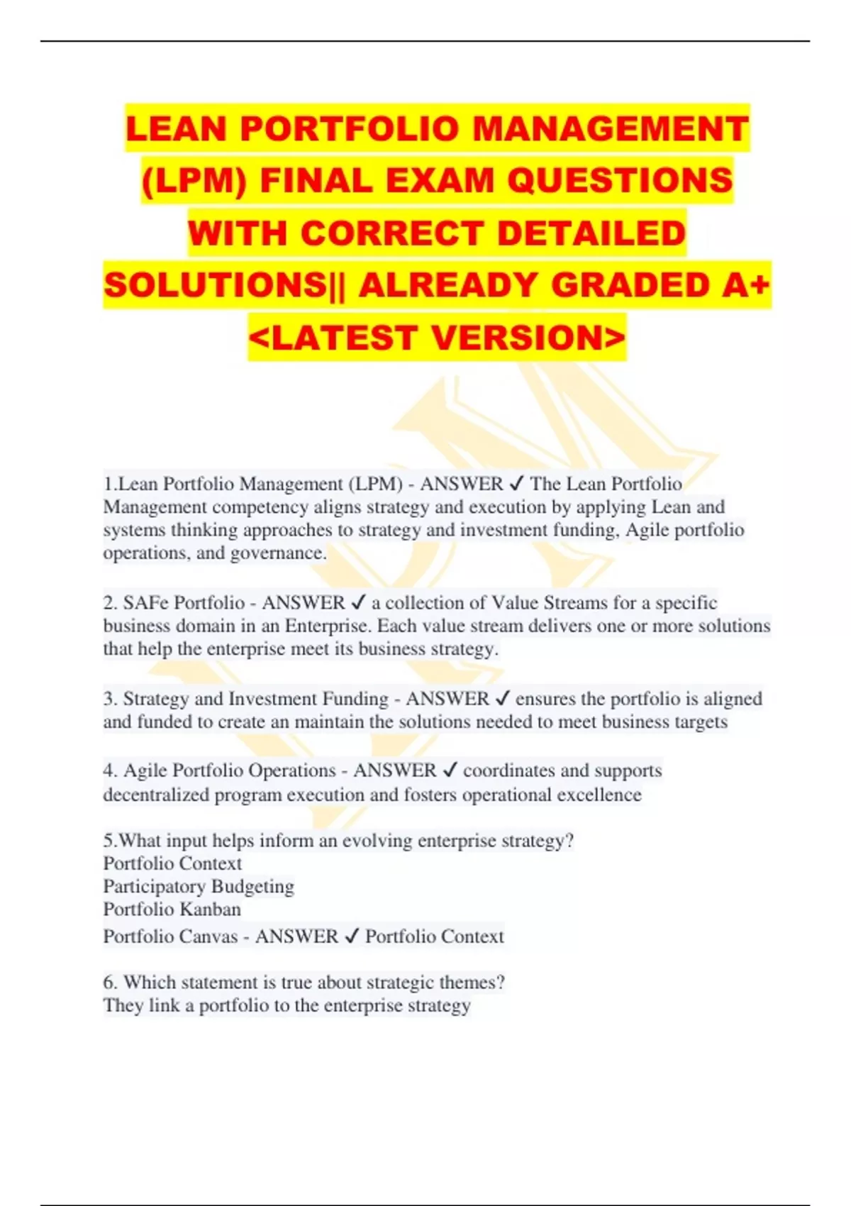 LEAN PORTFOLIO MANAGEMENT (LPM) FINAL EXAM QUESTIONS WITH CORRECT DETAILED SOLUTIONS|| ALREADY ...