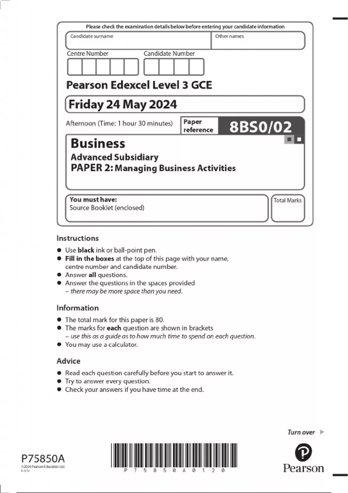 2024 Pearson Edexcel Level 3 GCE Business Advanced Subsidiary PAPER 2 ...