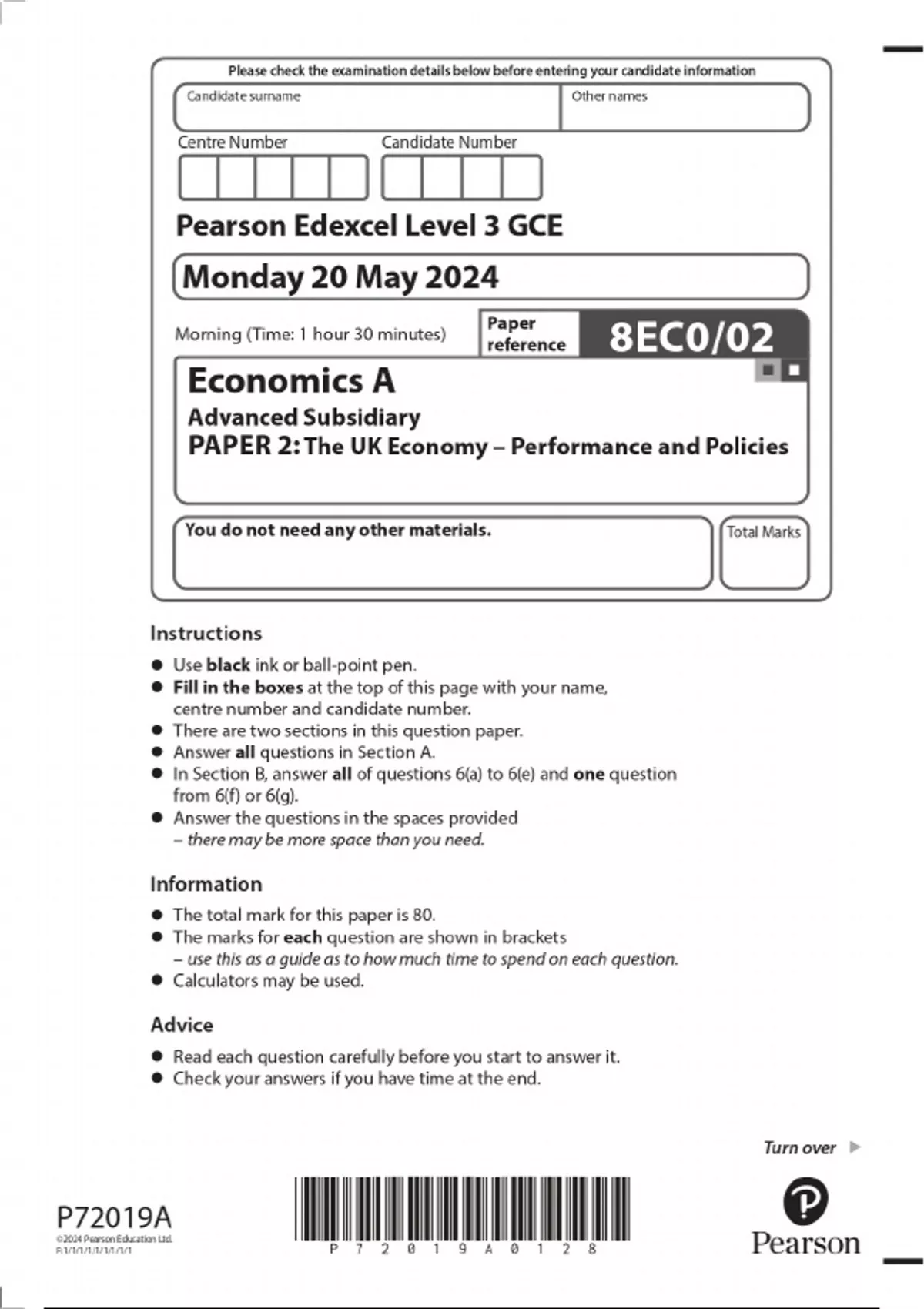 2024 Pearson Edexcel Level 3 GCE Economics A Advanced Subsidiary PAPER ...
